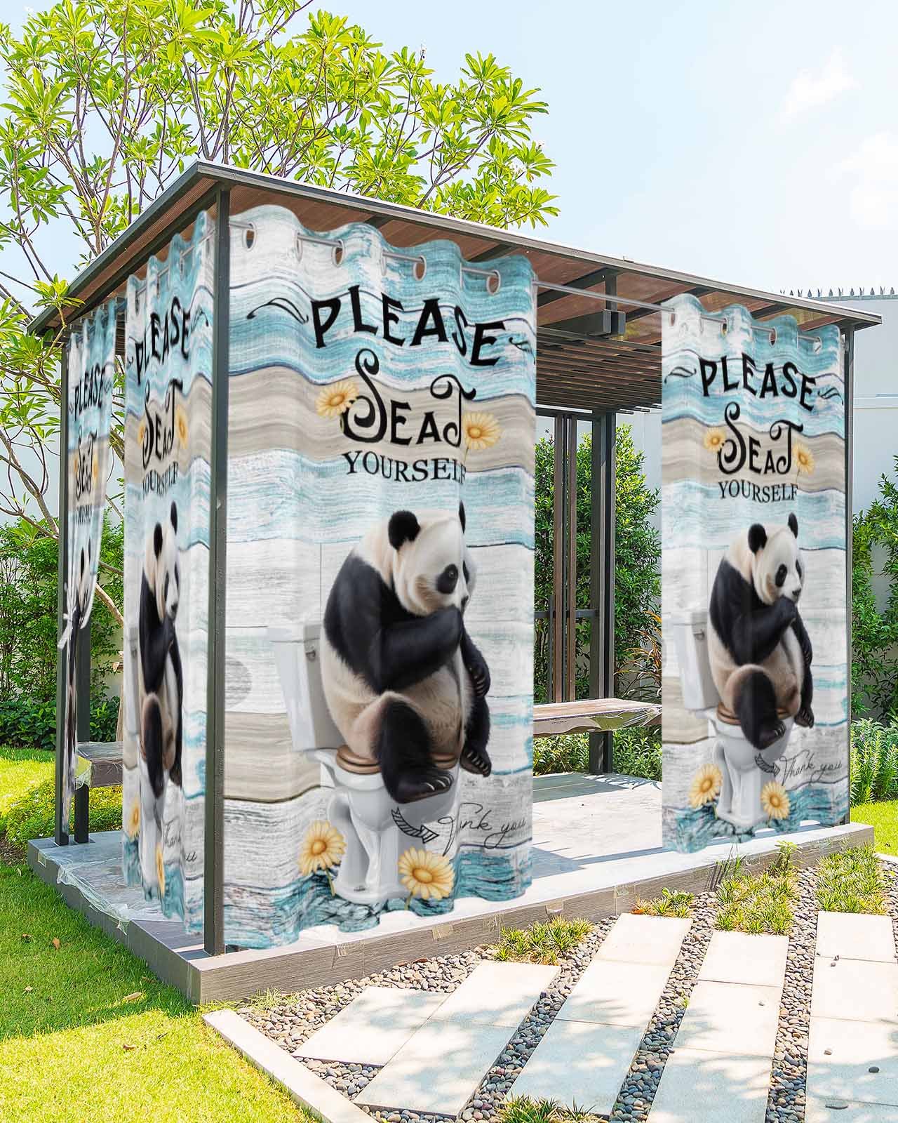 Panda Outdoor Curtains for Patio, Animal Sit on Toilet Flowers Oil ...