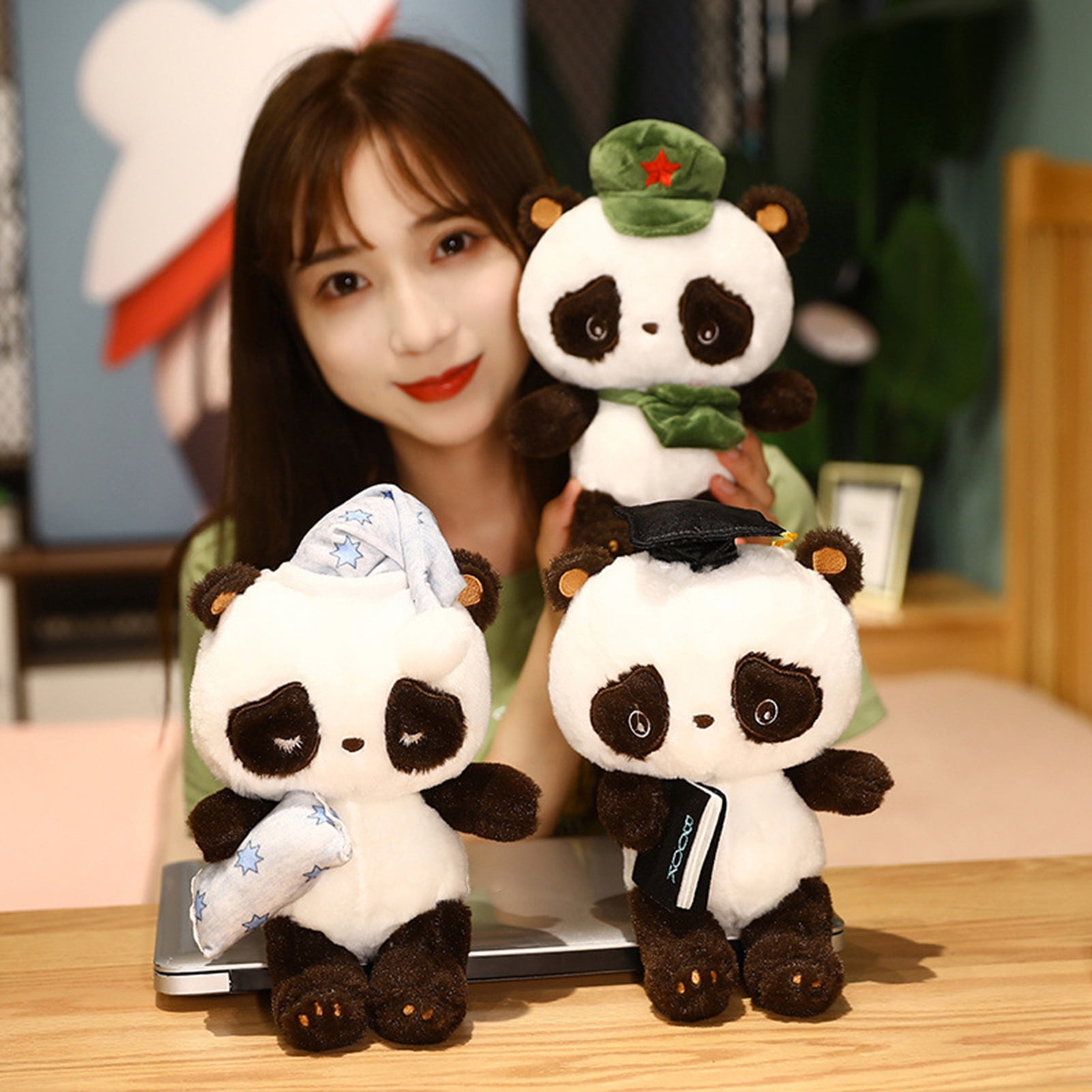 Panda Plush Toy Bachelor Hat with Tassel Red-Army Style Pajamas Suit ...
