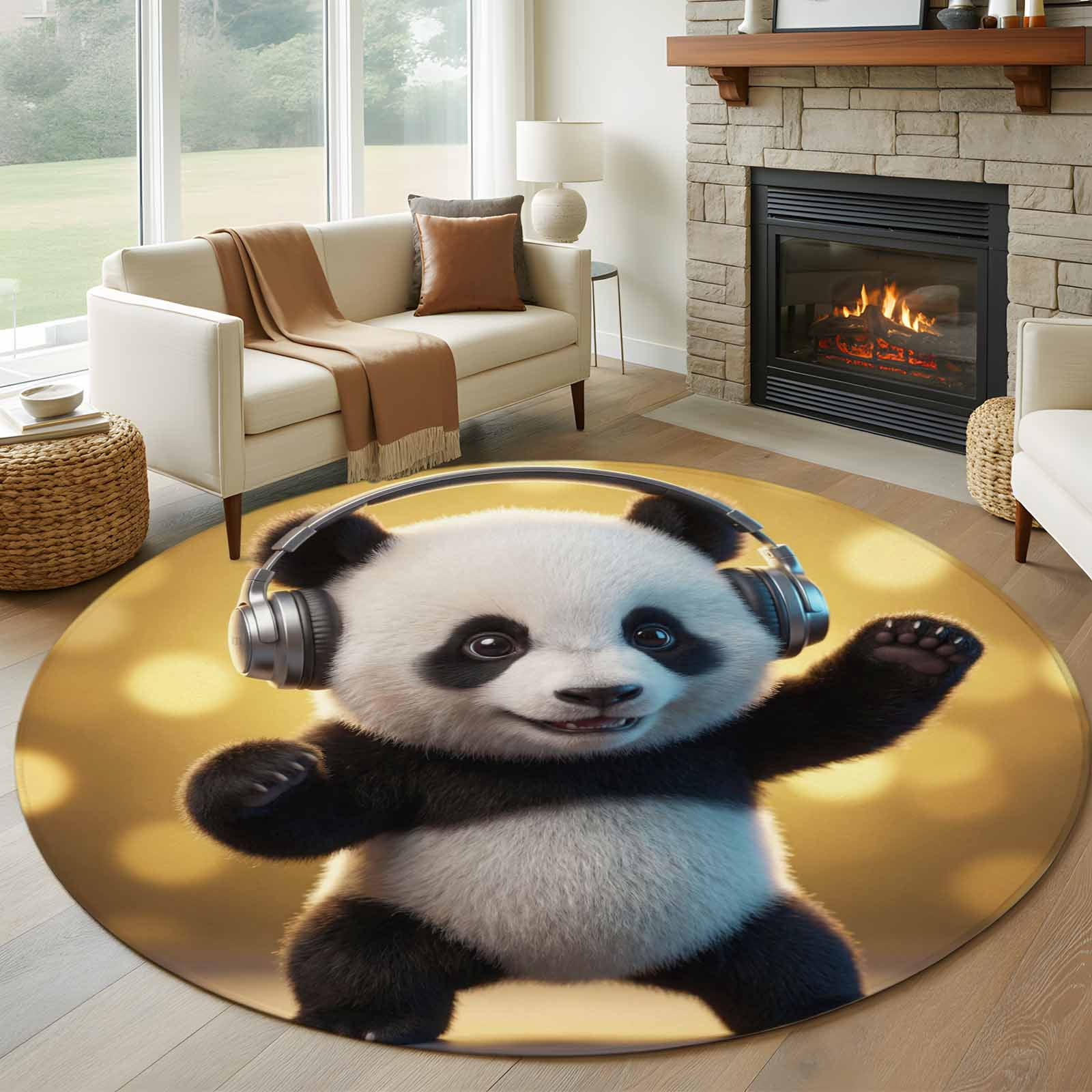 Panda Round Living Room Rugs 6 ft, Abstract Headphone Panda Shiny Light ...