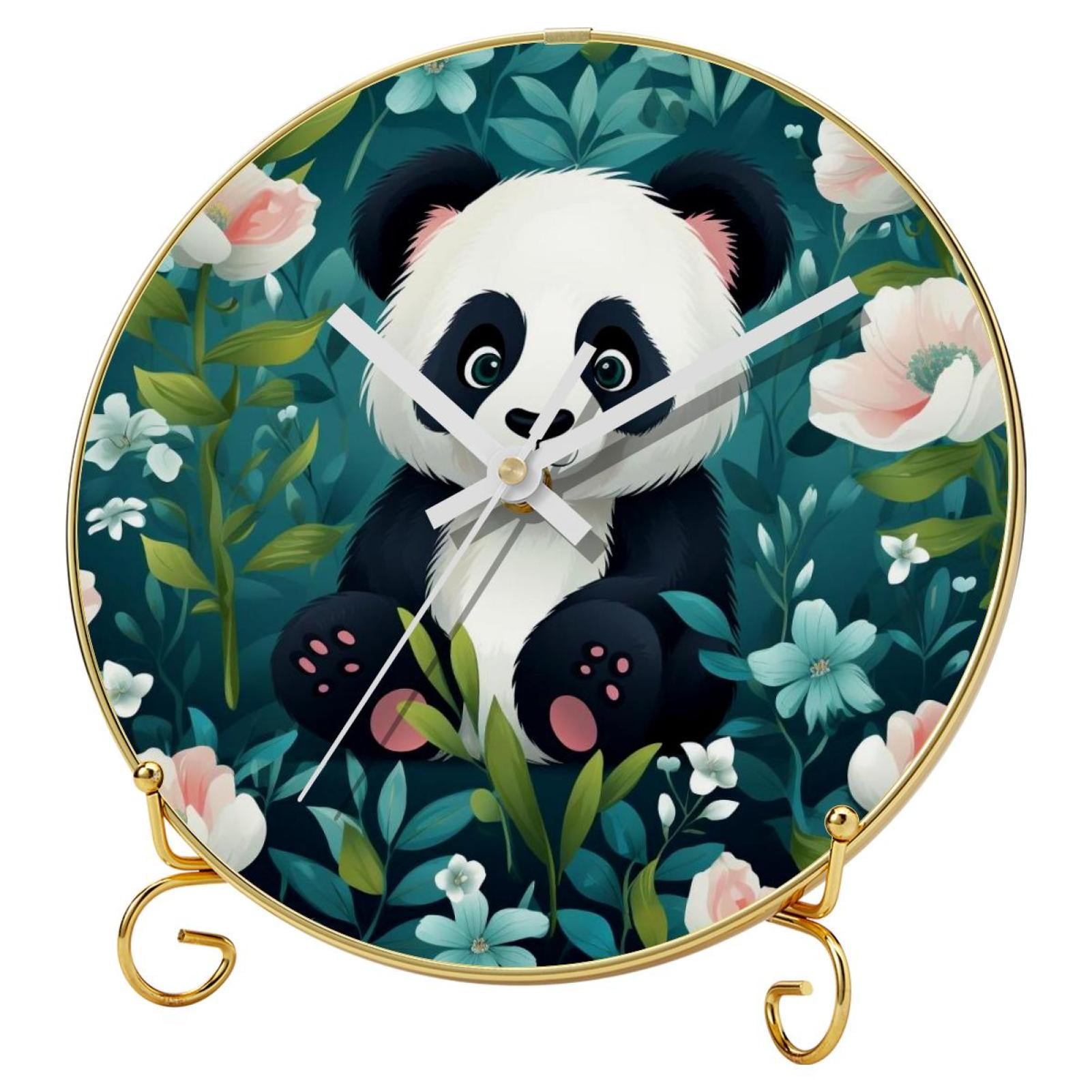 Panda Round Printed Wall Clock with Hooks and Gold Stand, Silent Non ...