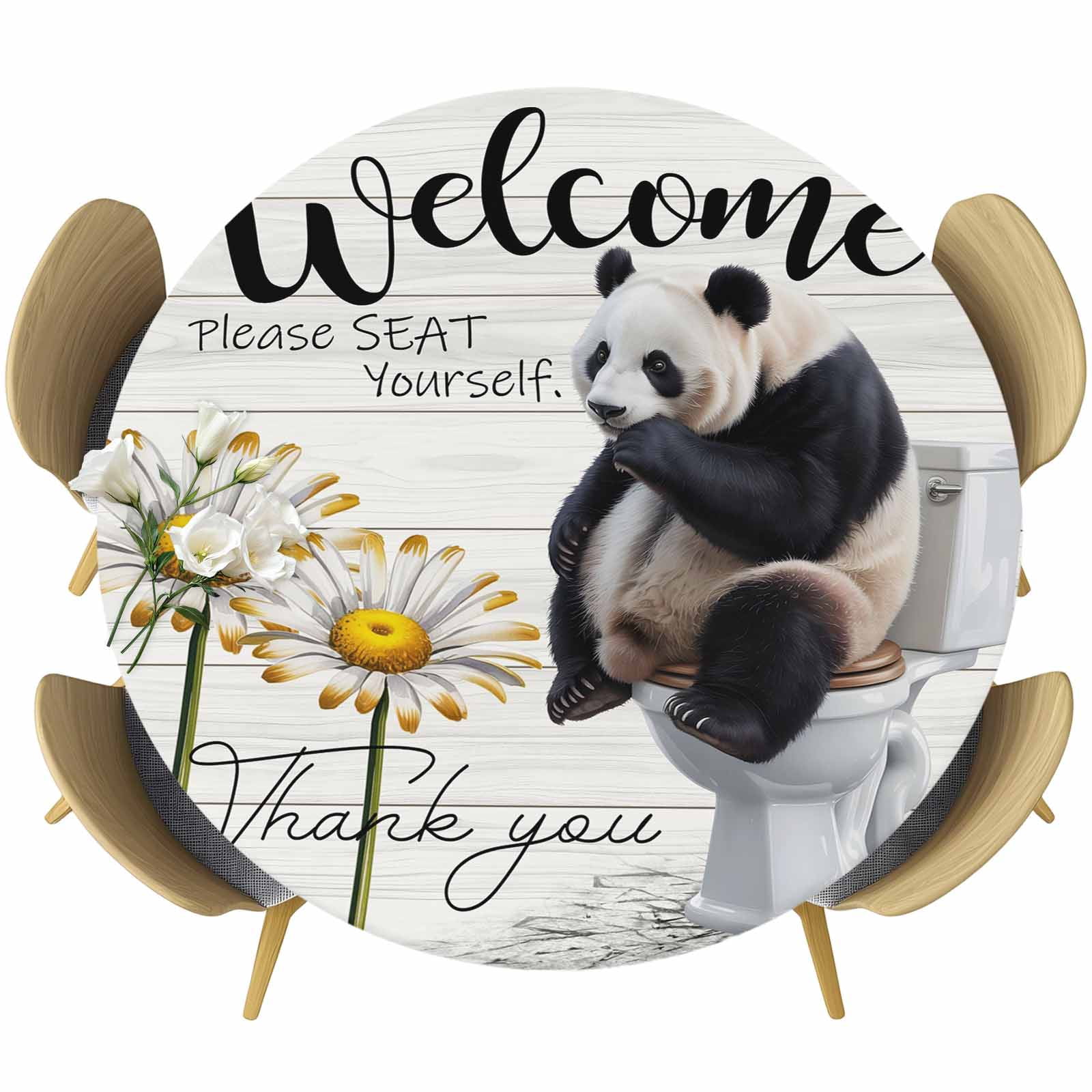 Panda Round Tablecloth 55-60 Inch Round Fitted Table Cloth with Elastic ...