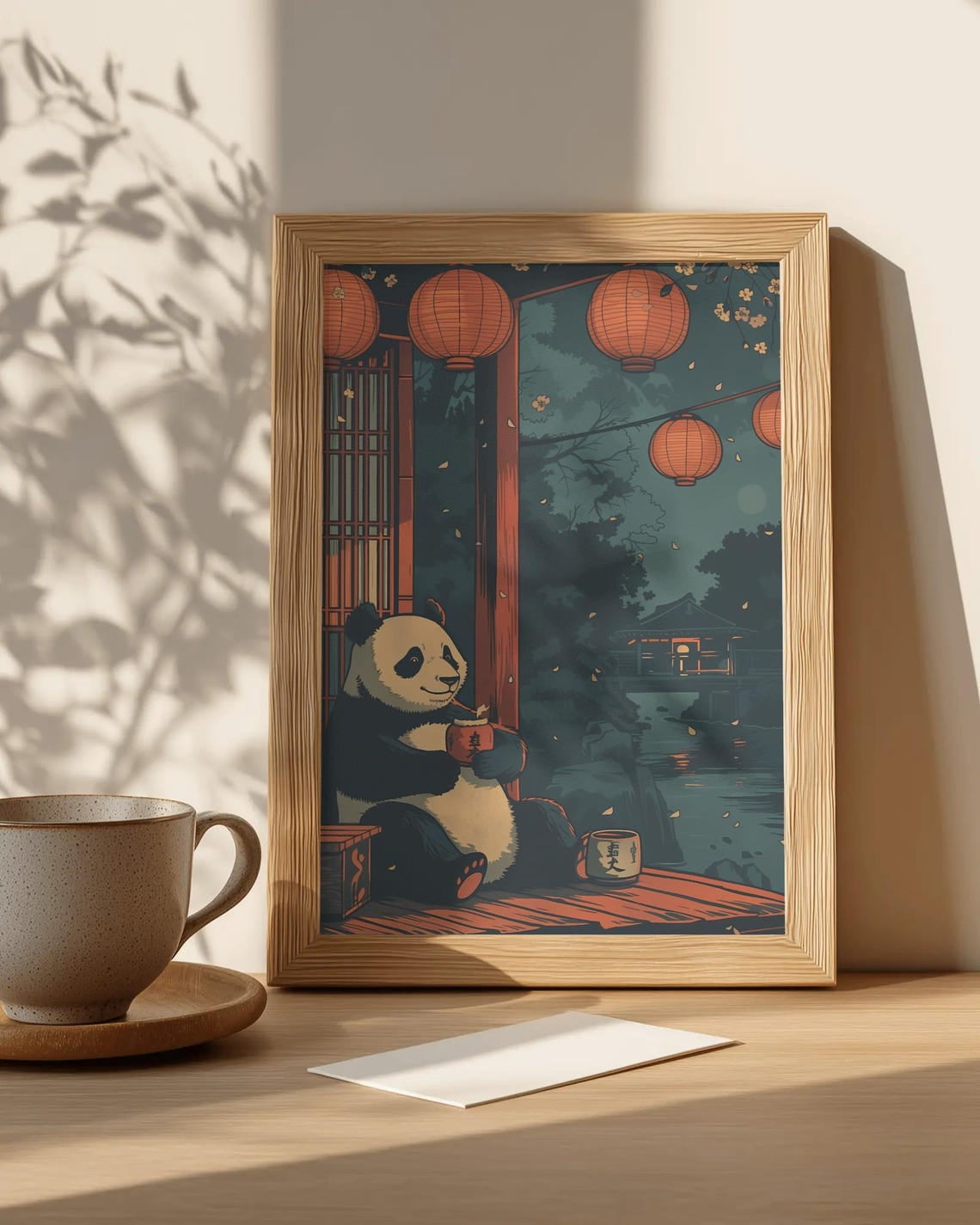 Panda Sipping Sake Print | Japanese-Inspired Lantern Night Wall Art ...