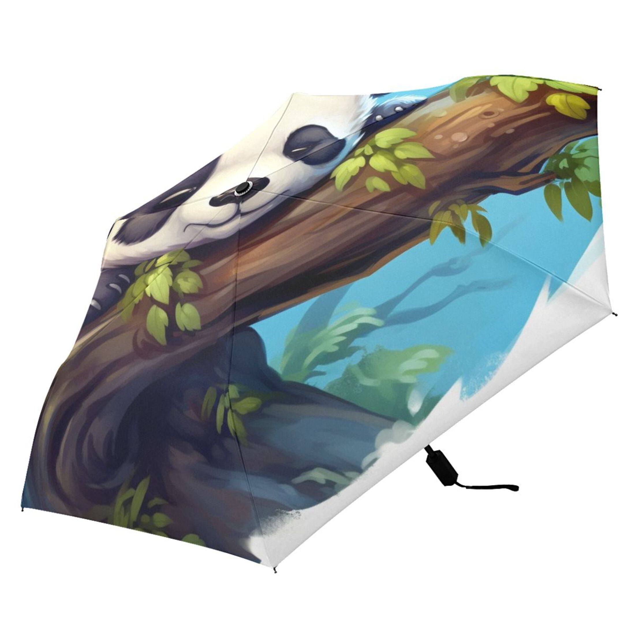 Panda Sleep on Tree Compact Folding Umbrella for Rain Windproof Travel ...