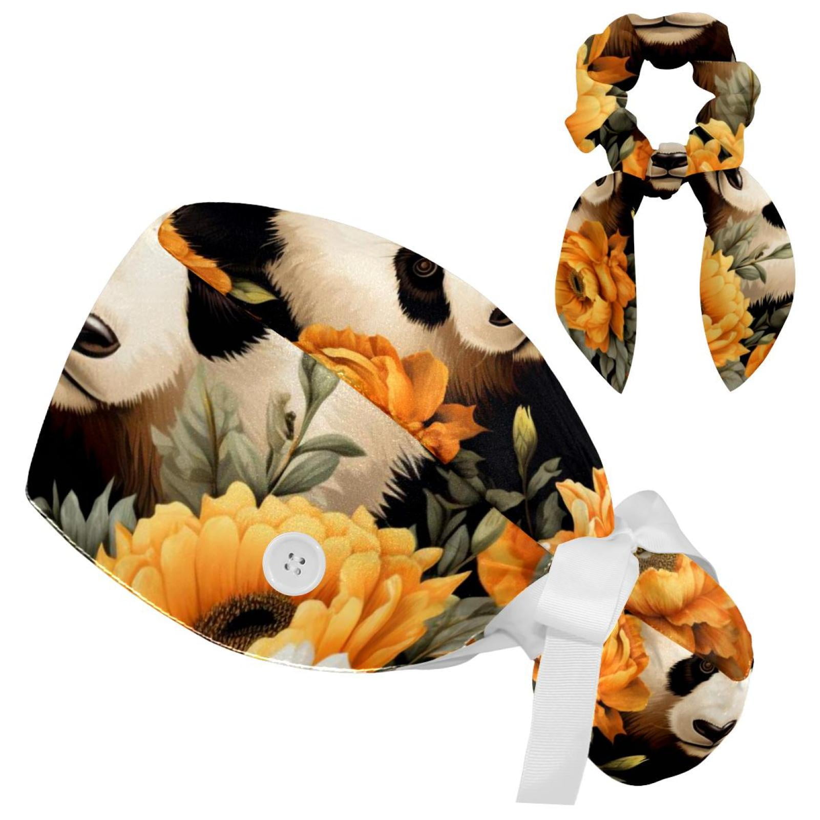 Panda Sunflower Surgical Cap with Buttons/ Bow Hair Scrunchy for Long ...