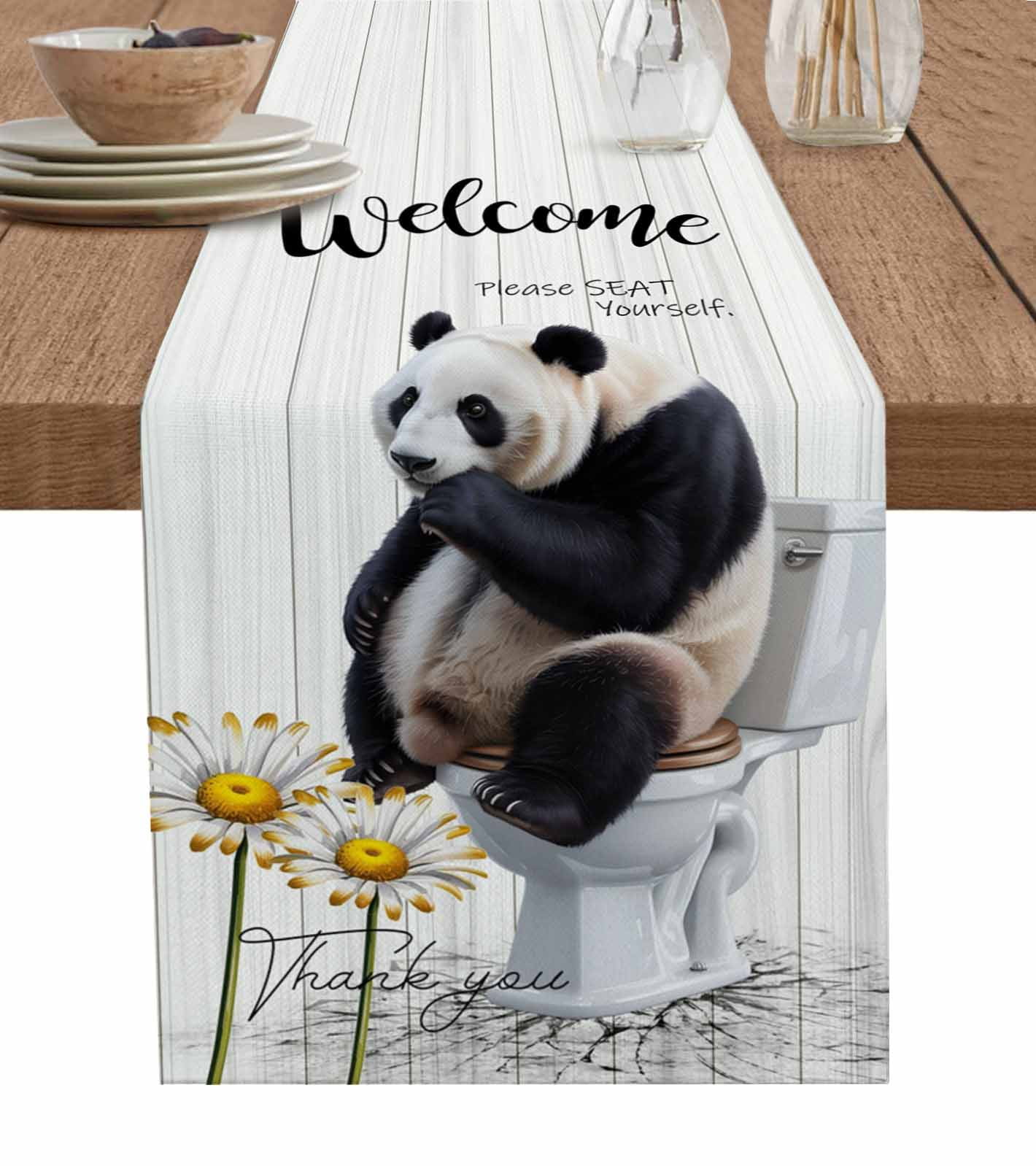 Panda Table Runner 108 Inches, Country Animal Sit on Toilet Daisy Oil ...