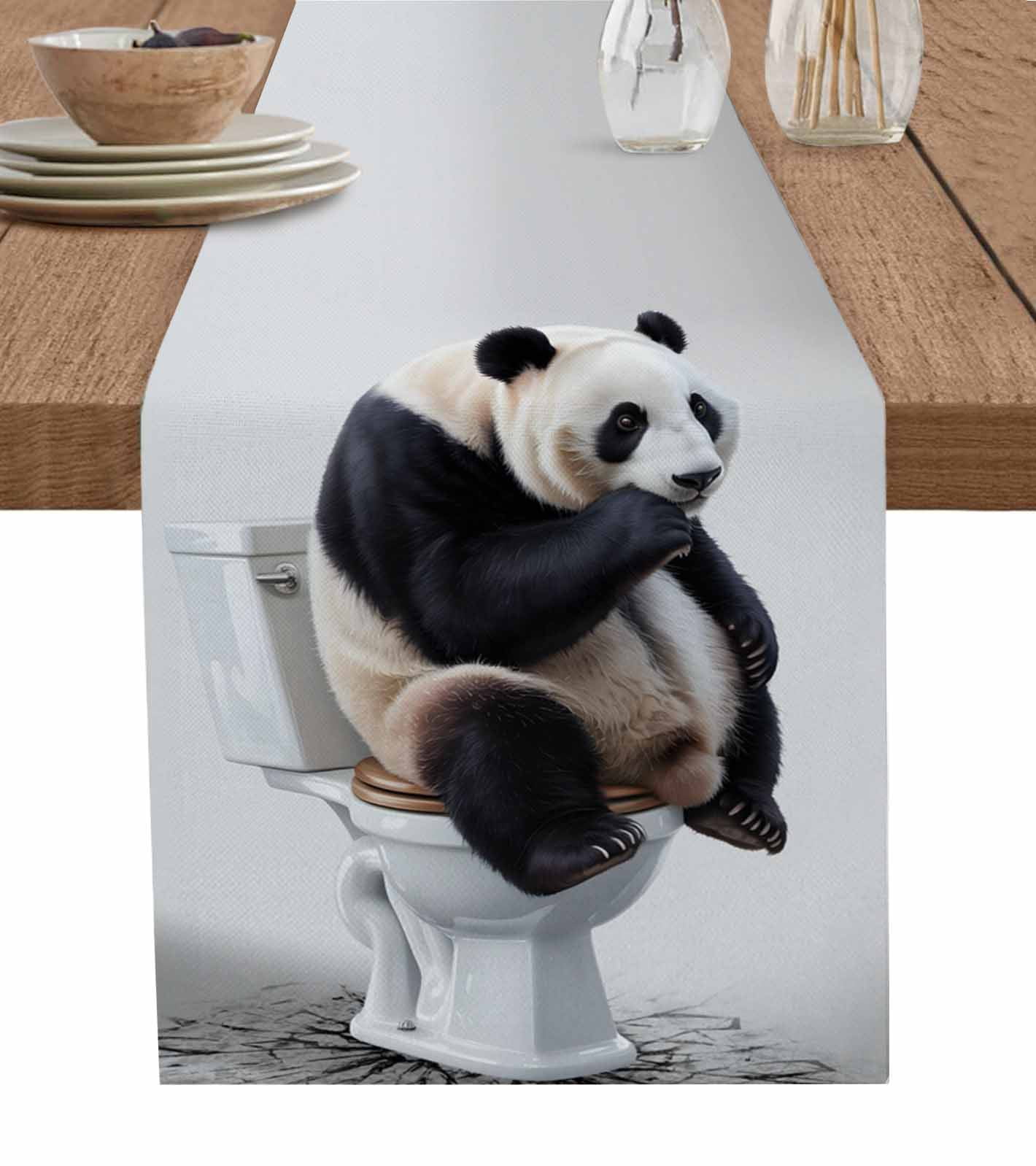 Panda Table Runner 72 Inches, Modern Animal Sit on Toilet Flowers Oil ...