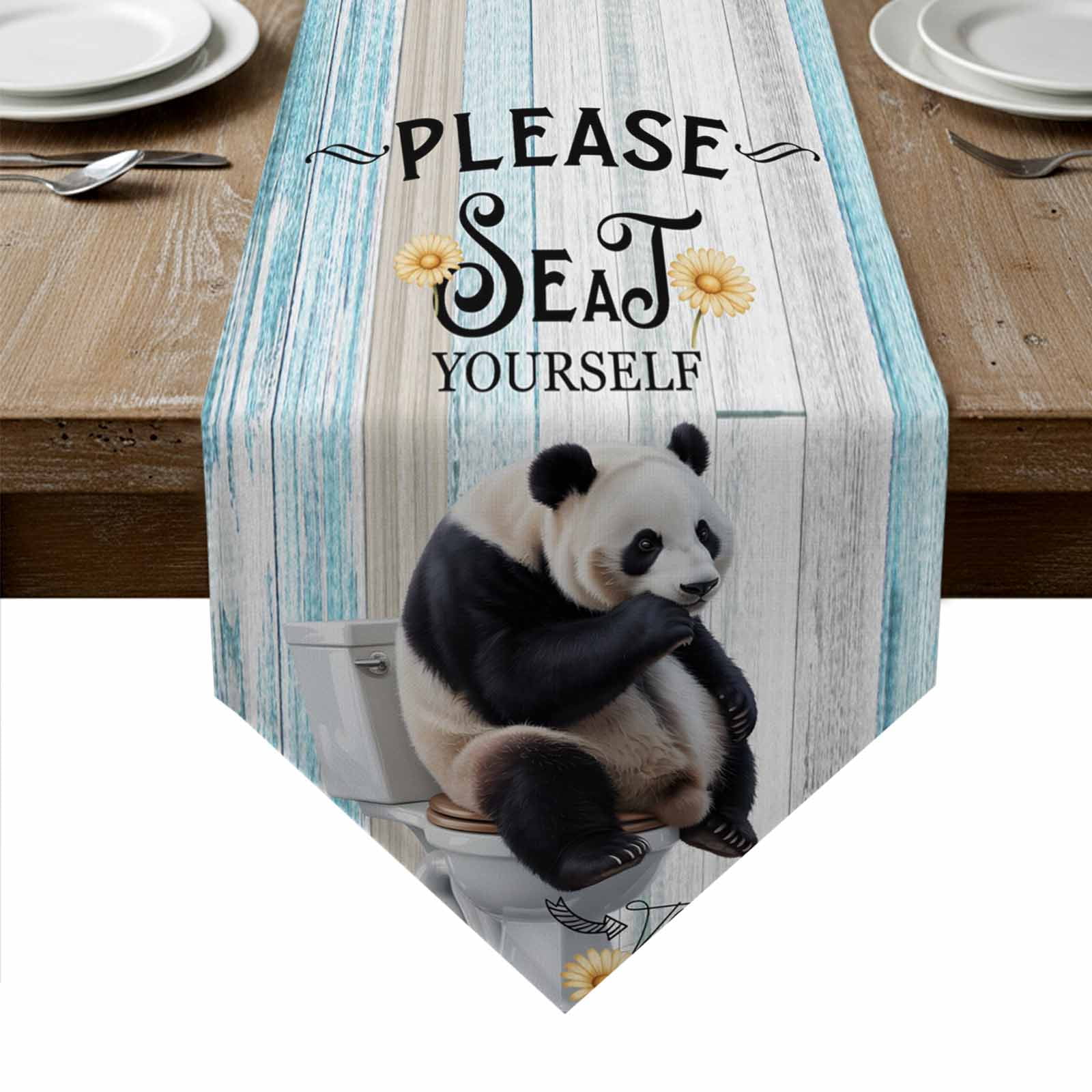 Panda Table Runner Linen Burlap Table Runner 60 Inches Long Animal Sit ...