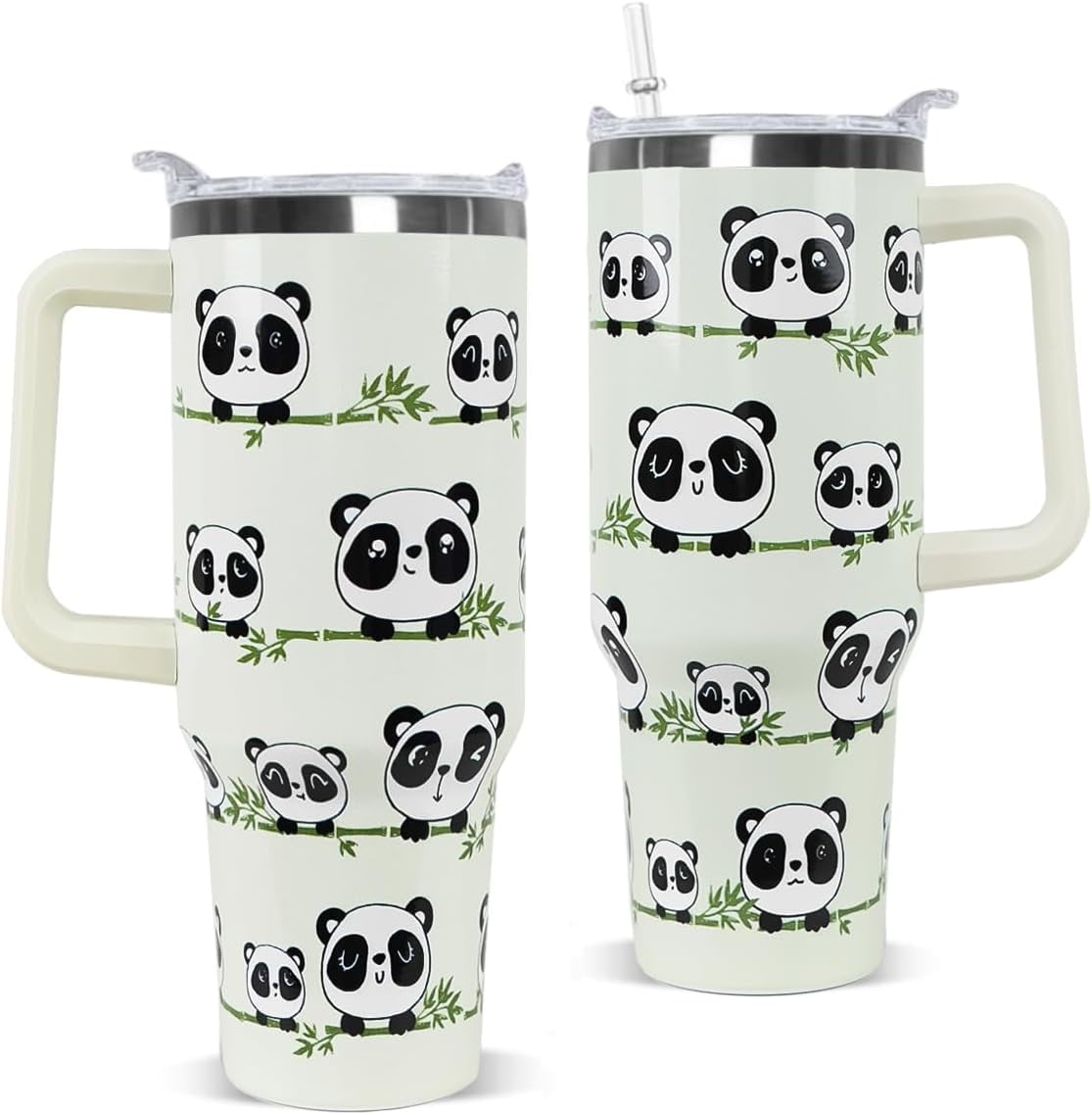 40oz Panda Design Tumbler with Handle & Straw - Stainless Steel ...