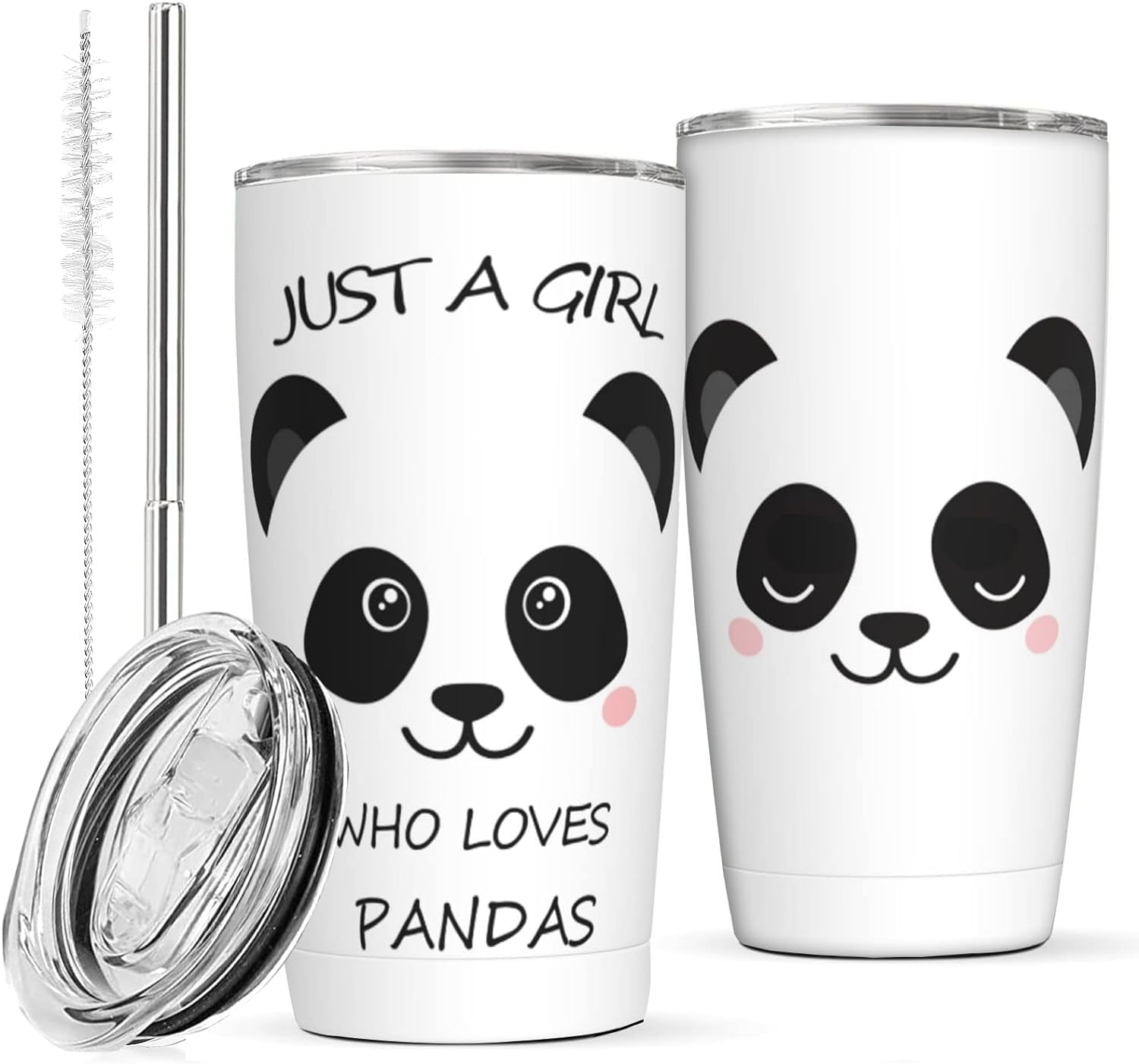 Panda Tumbler with Lid and Straw 1 Set, 20 Oz Stainless Cup Steel Insulated Water Bottle Travel ...