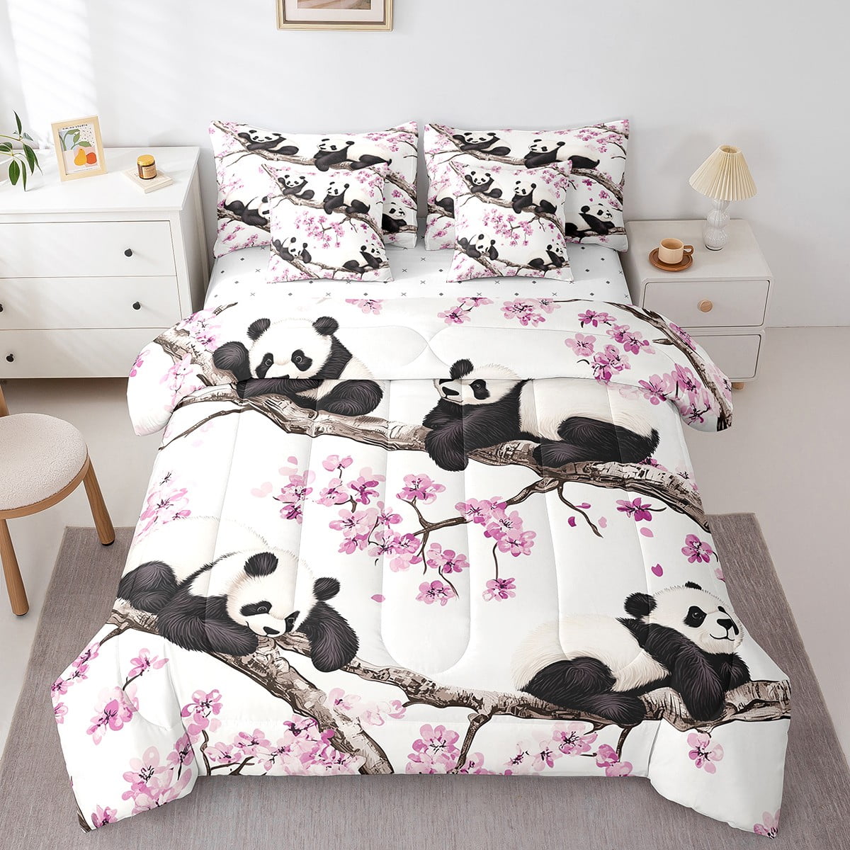 Panda Twin 7-Piece Bedding Set Floral Cherry Blossom Comforter Set 7 ...