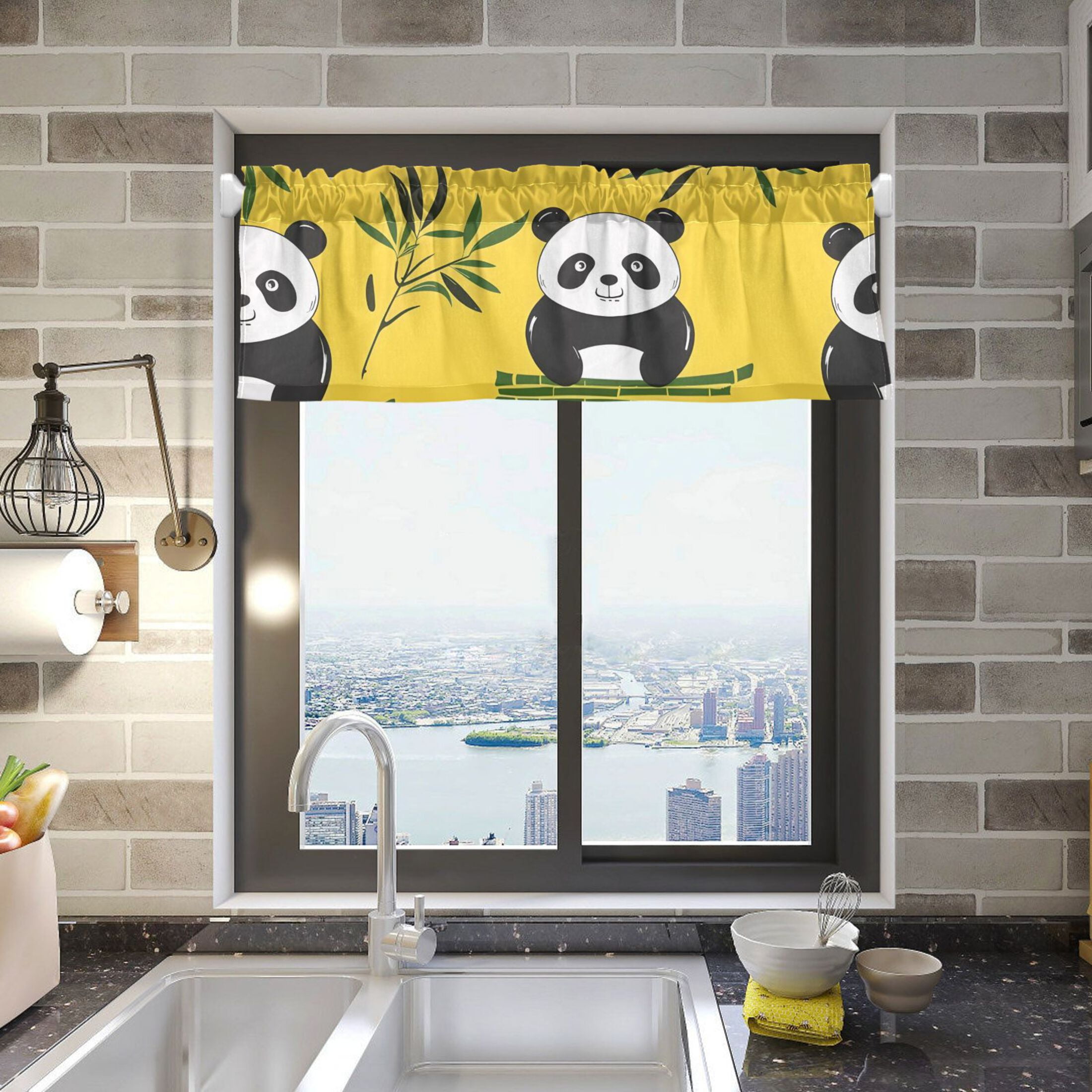 Panda and Bamboo Valance Curtains 54"x18" Rod Pocket for Kitchen Living ...