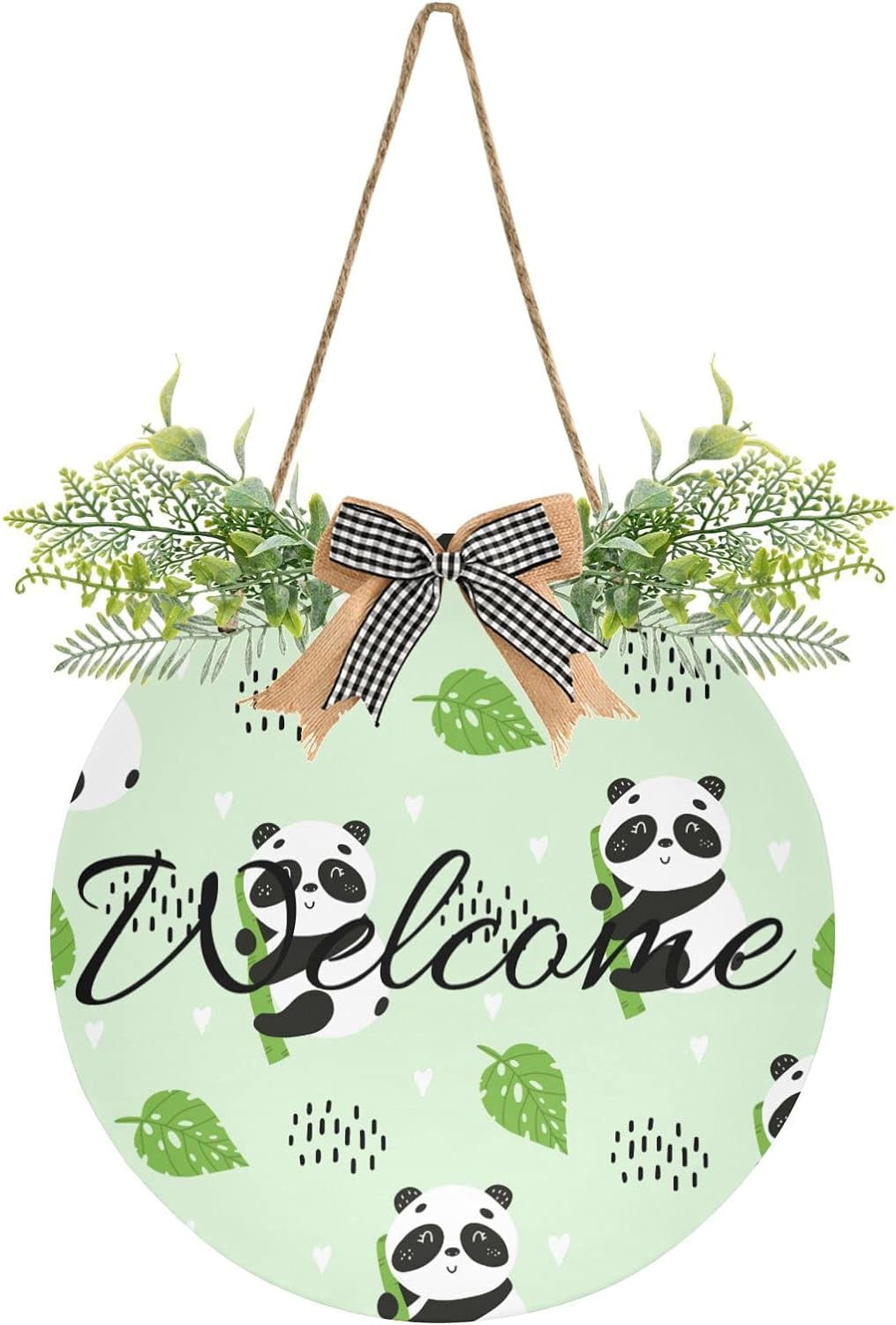 Panda and Bamboo Welcome Sign for Front Door, Round Sign Hanging ...