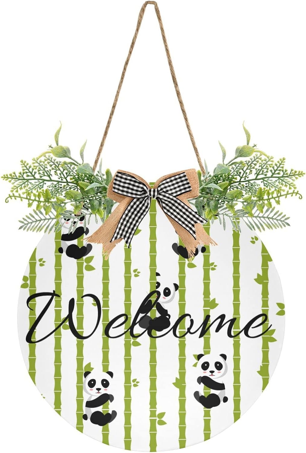 Panda and Bamboo Welcome Sign for Front Door, Round Sign Hanging ...