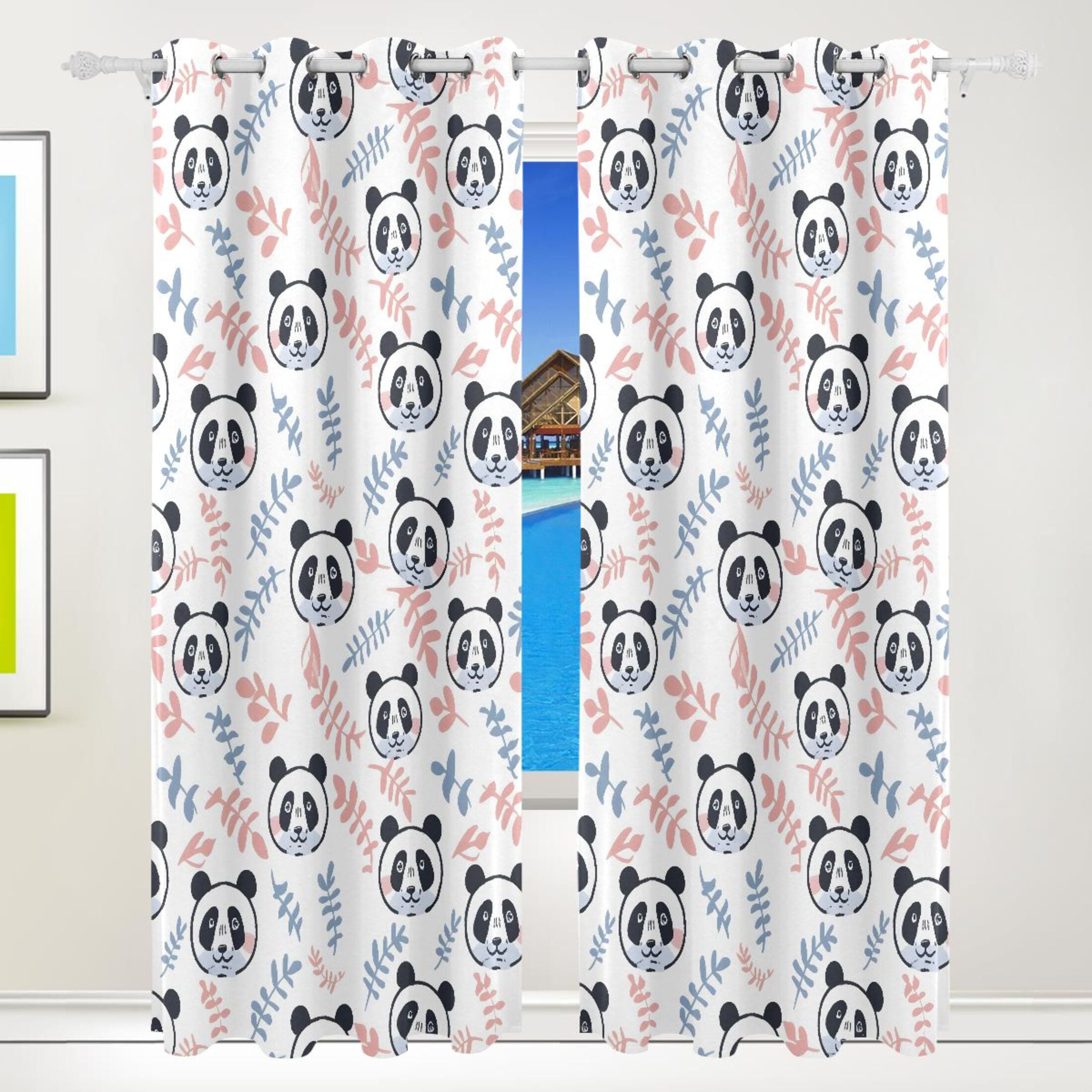 Panda and Leaves Blackout Curtains 84 inch Length 2 Panels Grommet ...