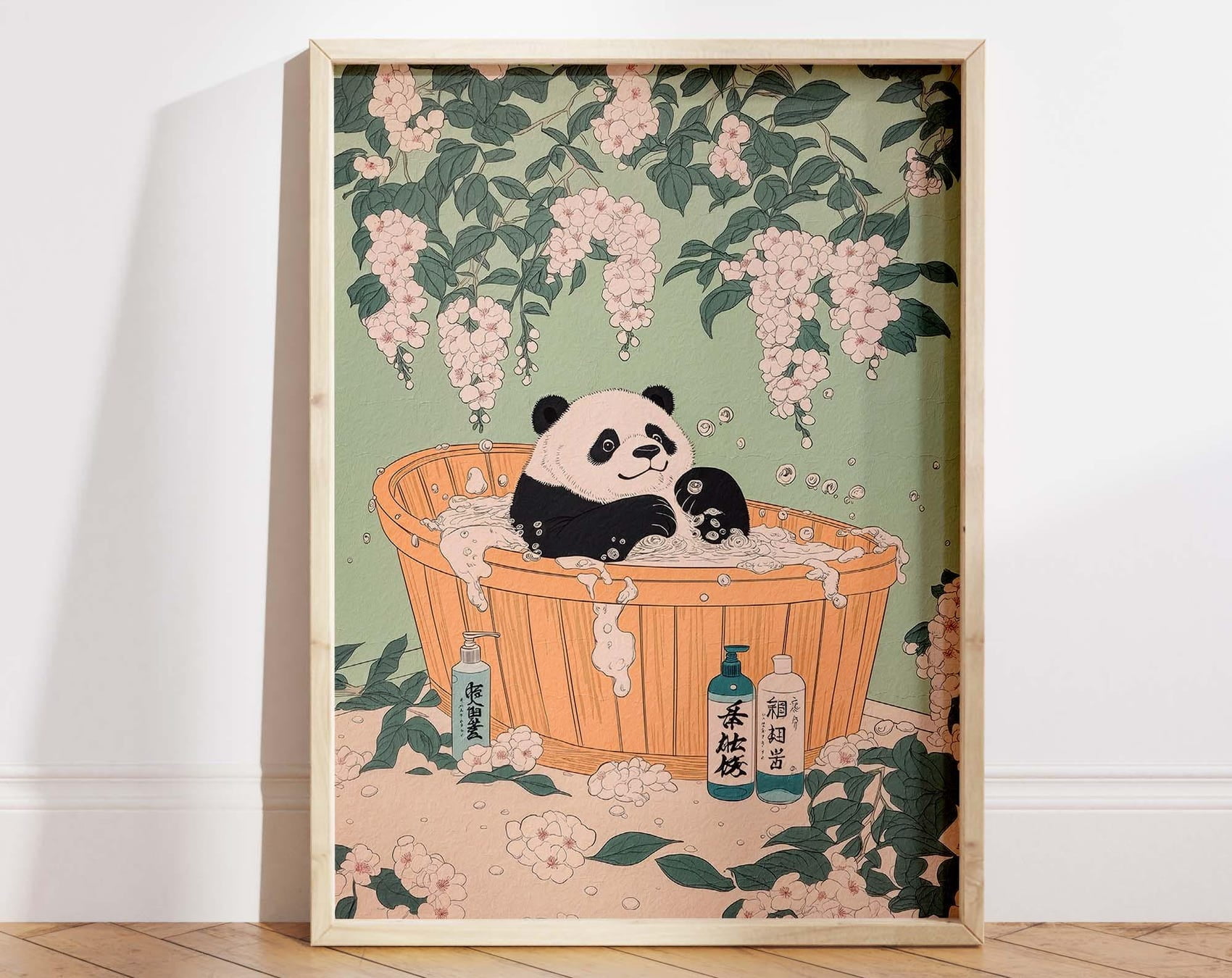 Panda in a bath Japanese style bathroom print, Vintage Japan poster ...