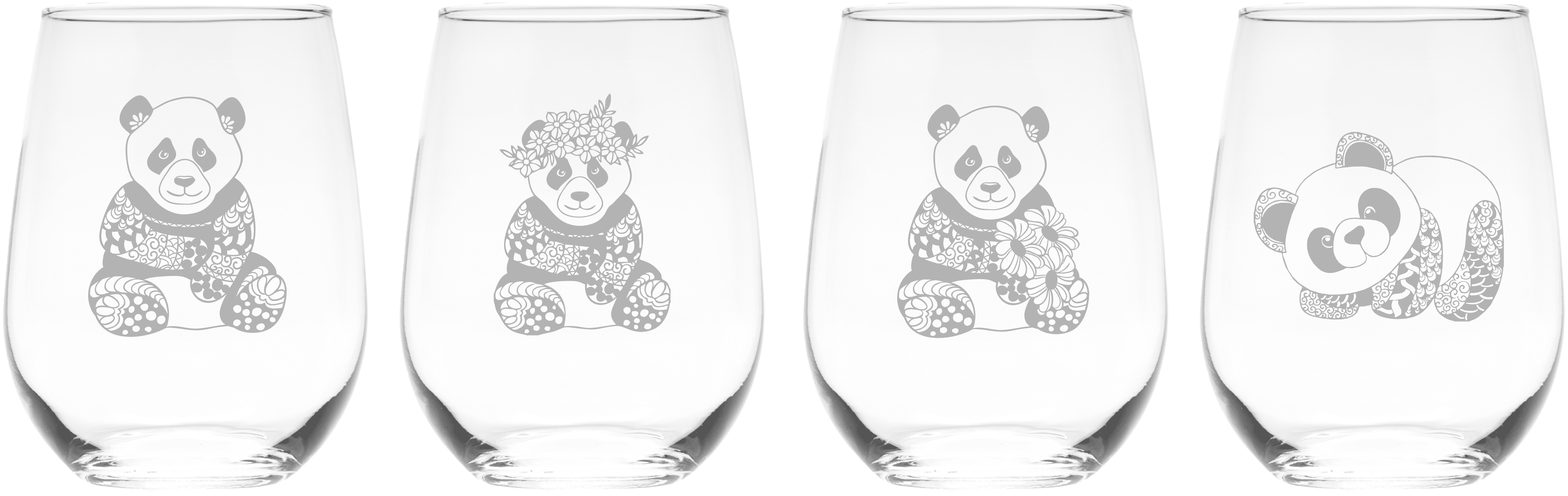 Panda 17 oz. Stemless Wine Glass Set - Panda Themed Gift for Women and ...