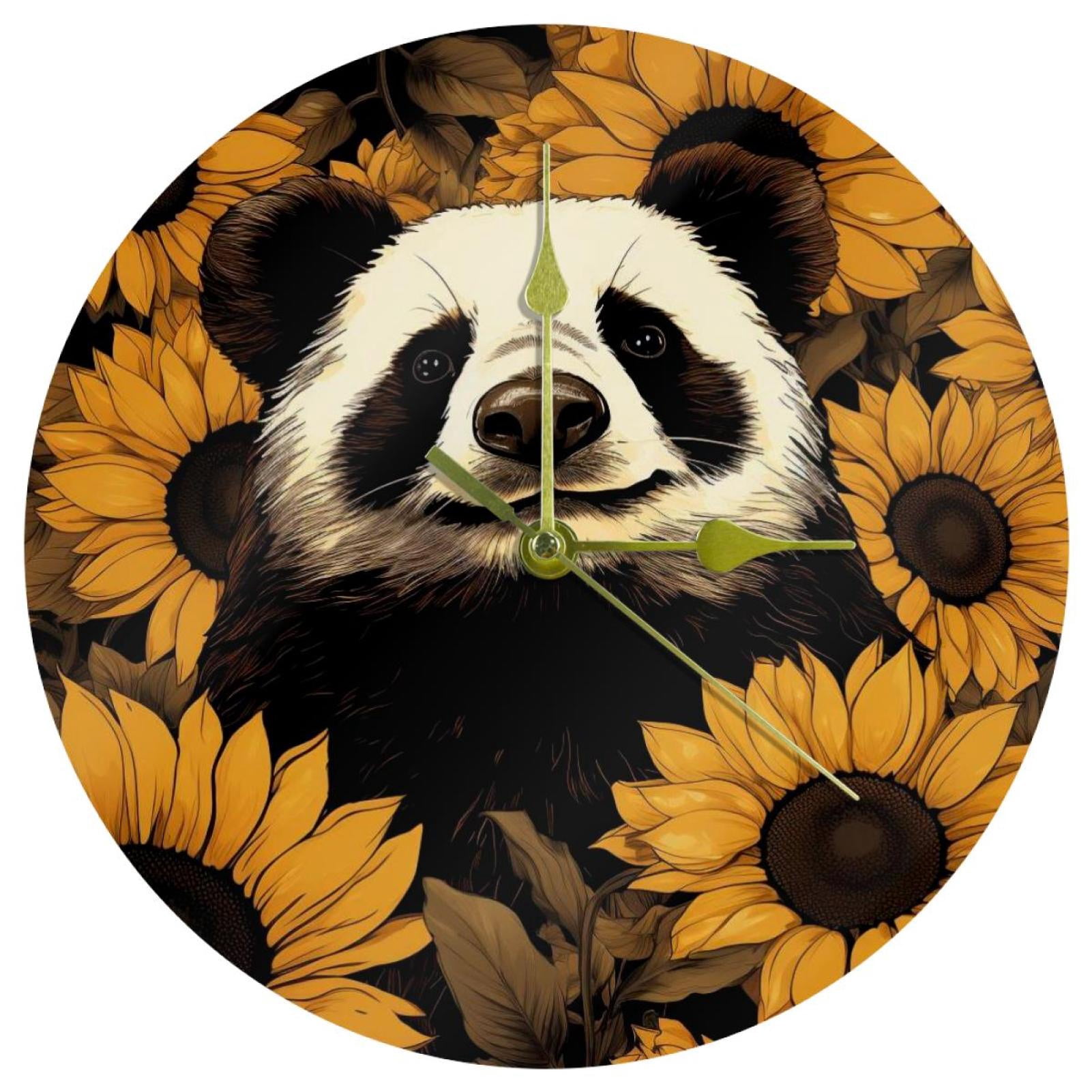 Panda sunflowers Modern Round Acrylic Wall Clock, 9.8 Inches, Silent ...