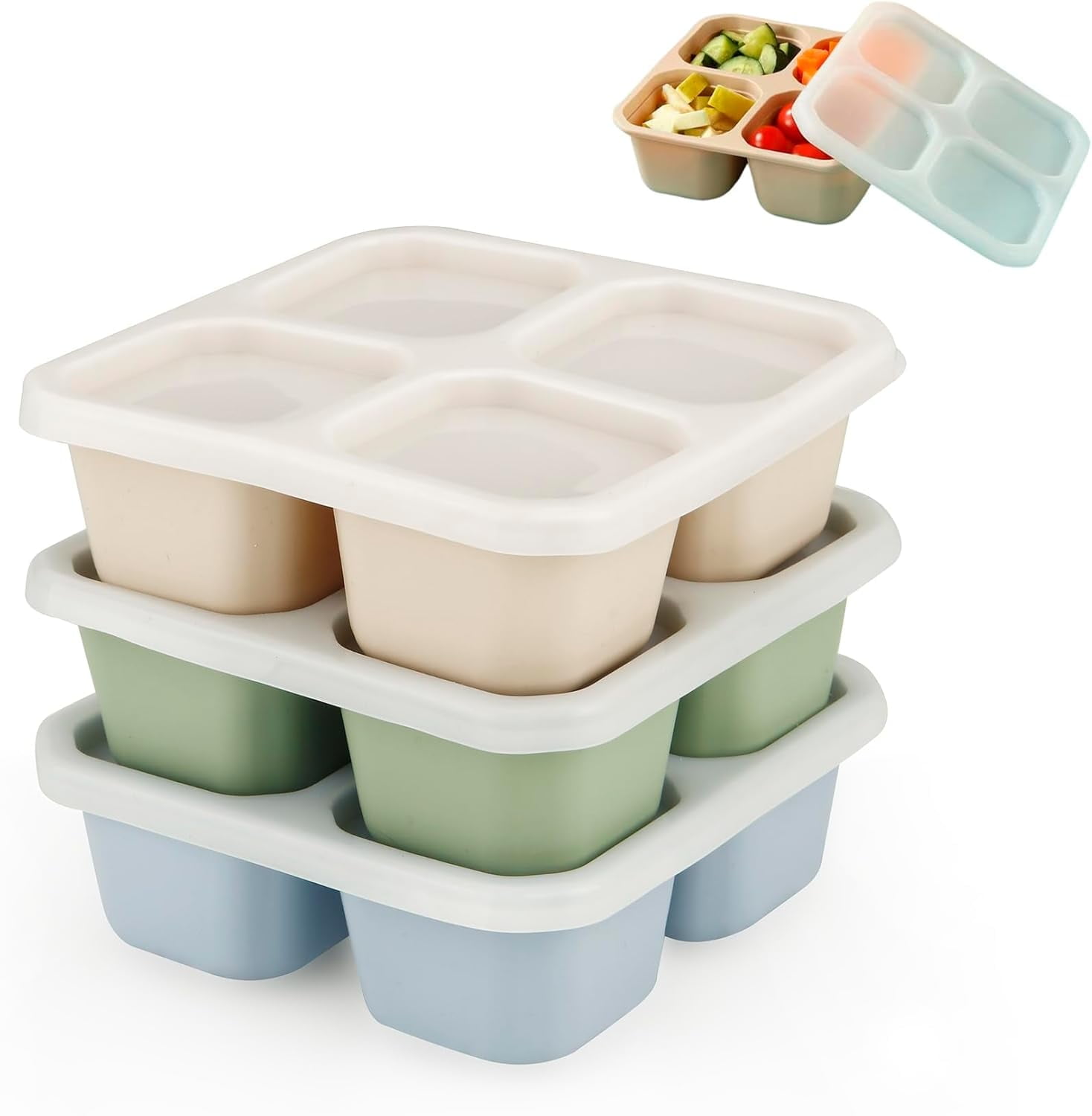 PandaEar 3 Pack Snack Containers, 4 Compartments Bento Snack Box with ...