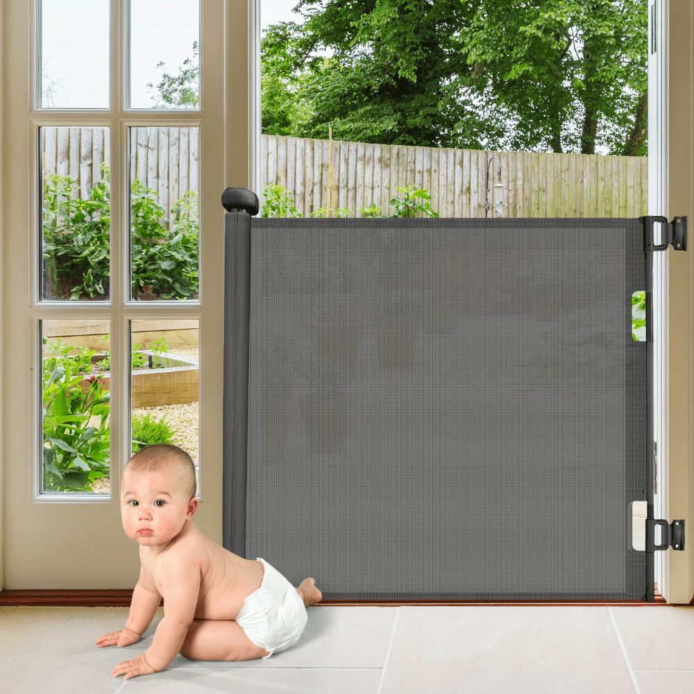 PandaEar Retractable Baby Safety Gate, 59" Wide Indoor Outdoor Mesh ...