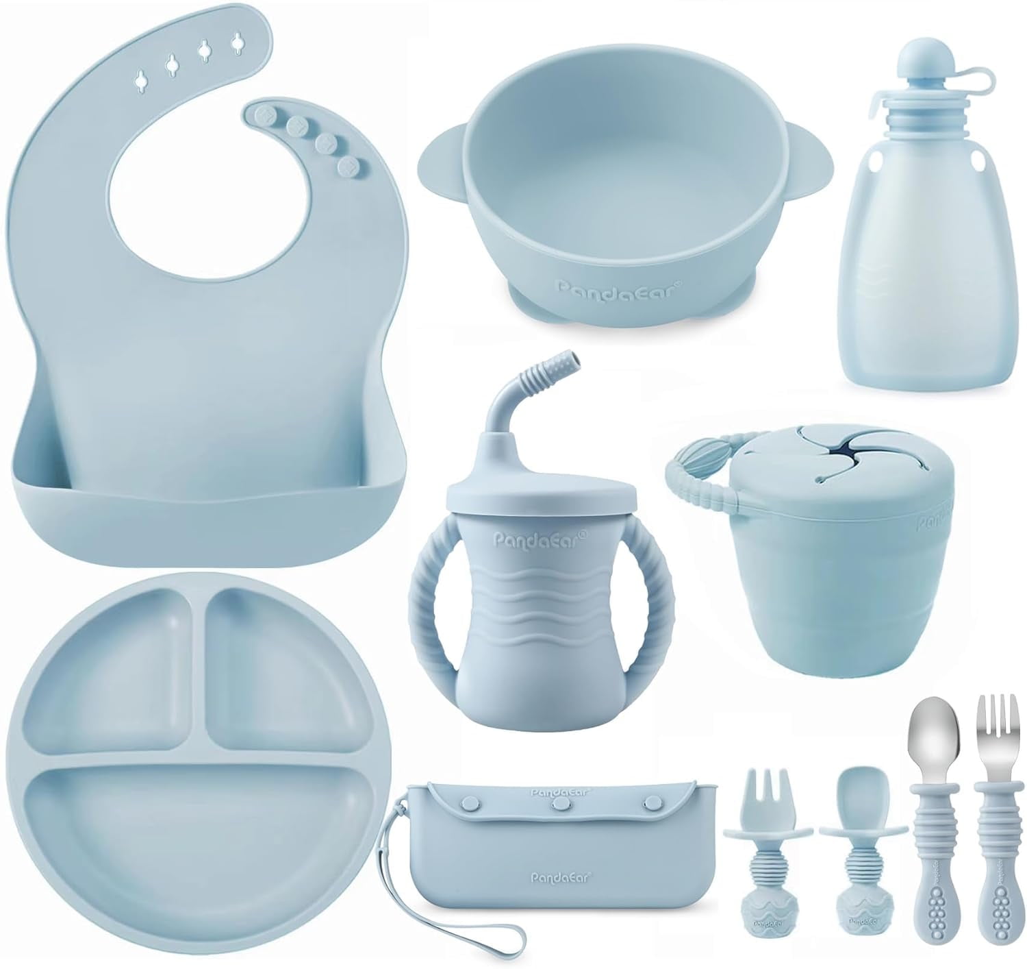 PandaEar Silicone Baby Feeding Set,11PCS Baby Led Weaning Supplies Self Feeding Utensils,Divided ...