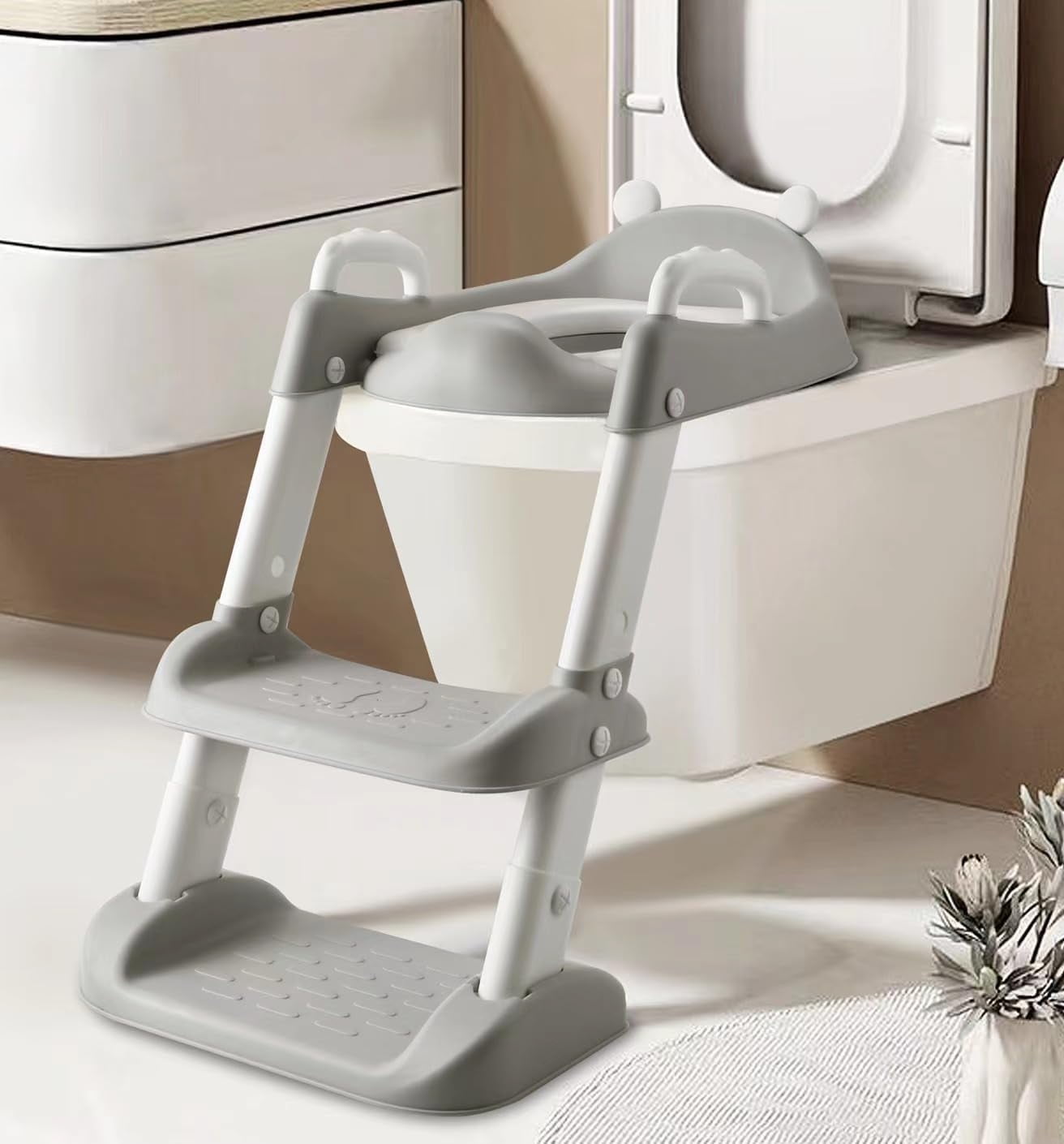 PandaEar Potty Training Seat with Step Stool Ladder, Grey, Cushioned ...