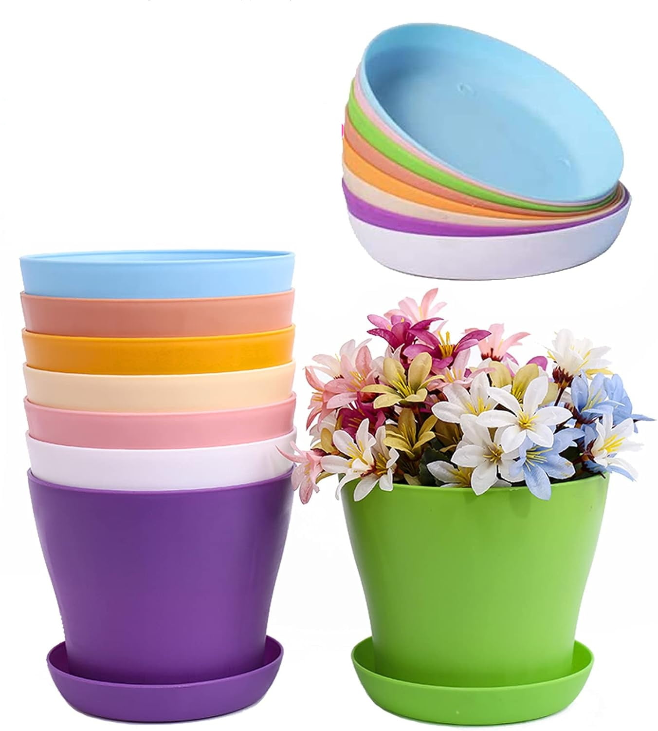 PandaTop 8 Pack Plastic Flower Plant Pots, Small Plastic Planters with ...