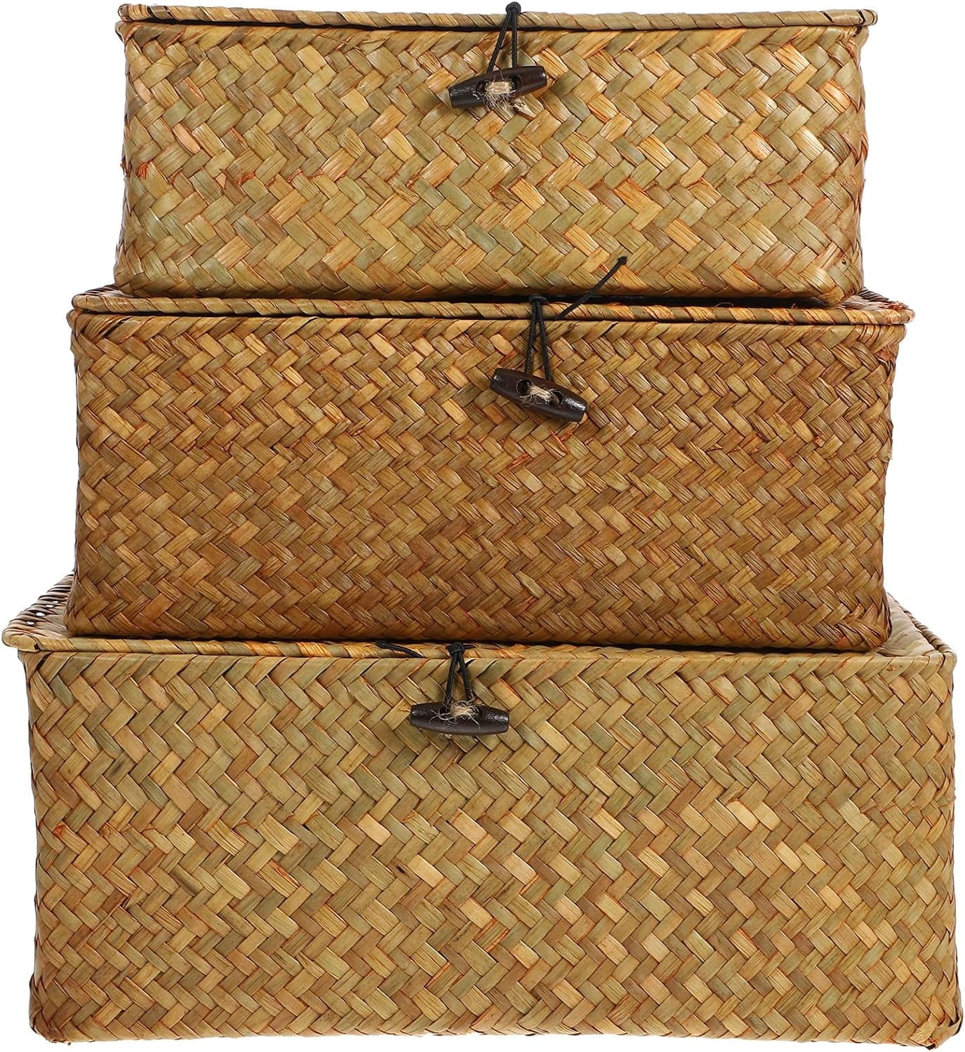 PandaTop Wicker Storage Baskets with Lids, Set of 3 Rattan Storage ...