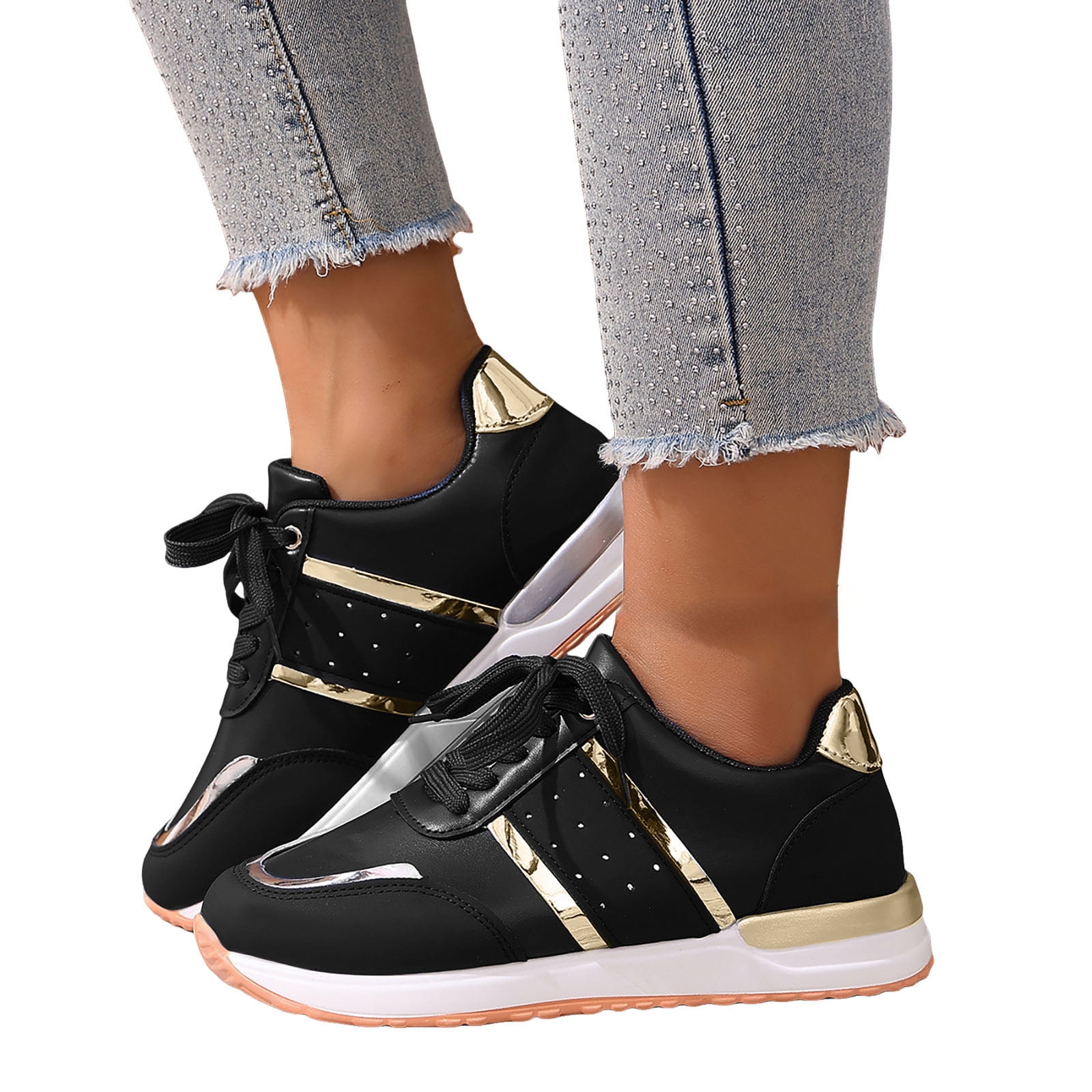 Pandaie Platform Sneakers for Women Memory Foam Leather Casual Tennis ...