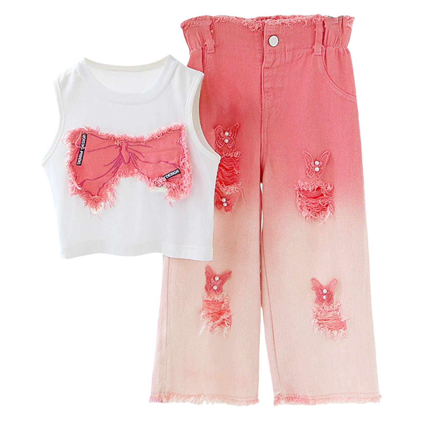 Pandaie Toddler Girl Clothes Sleeveless Tops Vest Shirt Ripped Denim ...