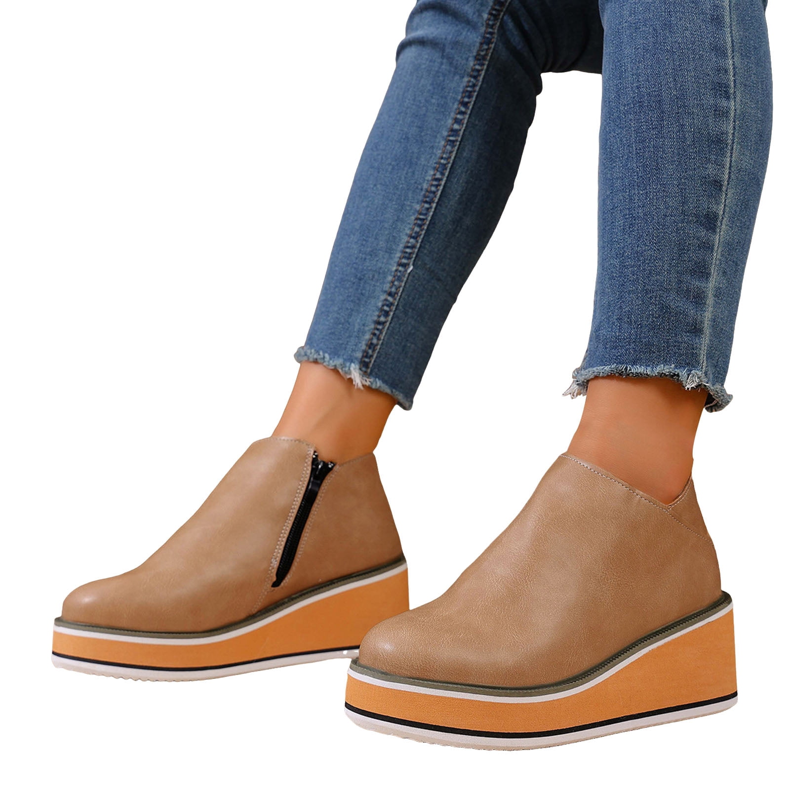 Pandaie Women's Wedge Sneakers Leather Platform Slip on Ankle Boots ...