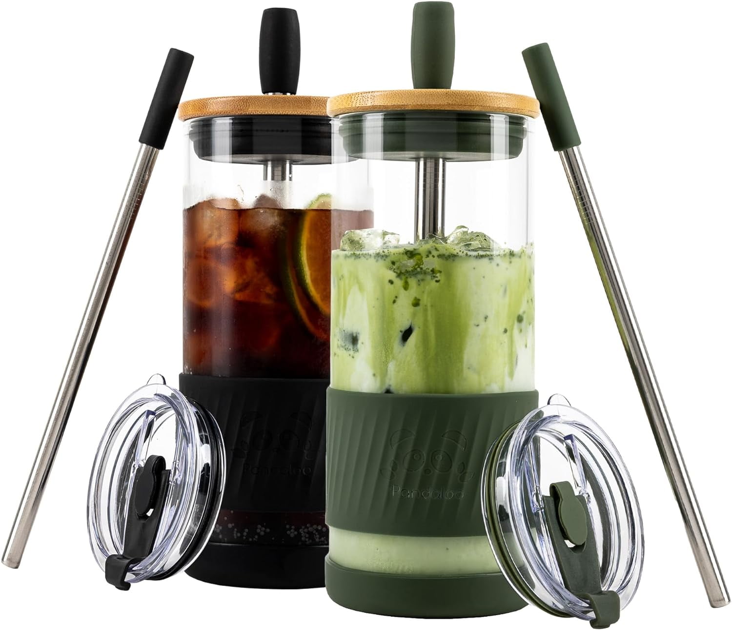 Pandaloo Glass Cups With Lids and Straws -20 Fl Oz- Perfect Size Iced ...