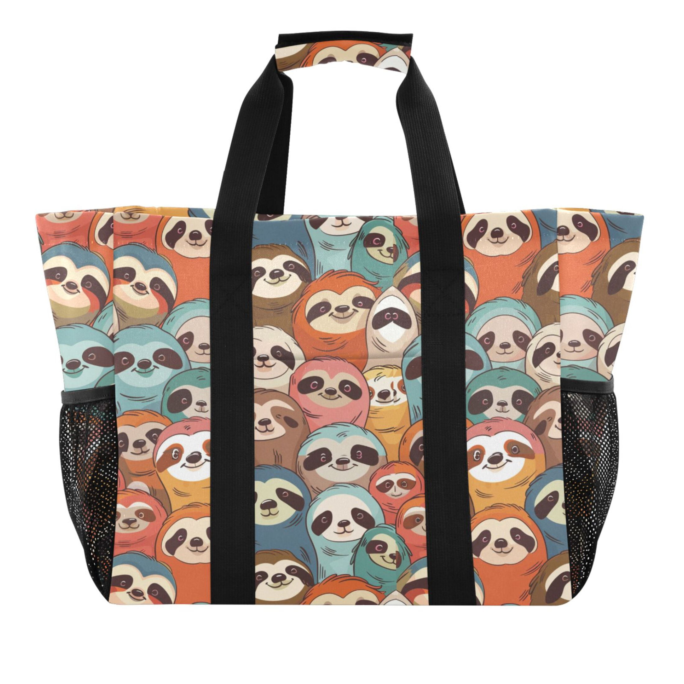 Pandas Head Reusable Grocery Bags with Handle Side Pocket Waterproof ...