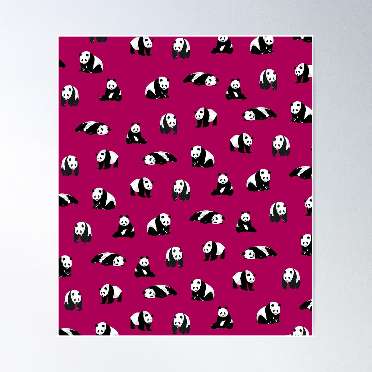 Pandas On Raspberry Red Poster Wall Art, Modern Wall Decor For Living ...