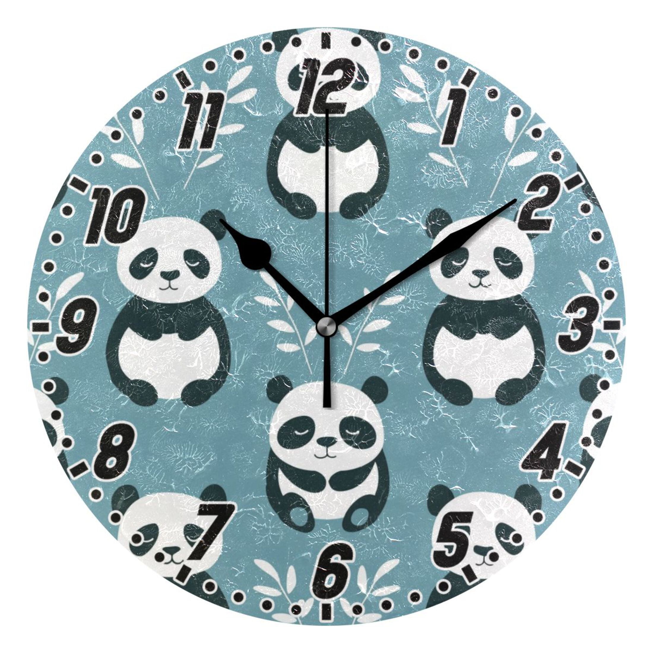 Pandas Sitting and Leaf Round Wall Clock Battery Operated Silent Non ...