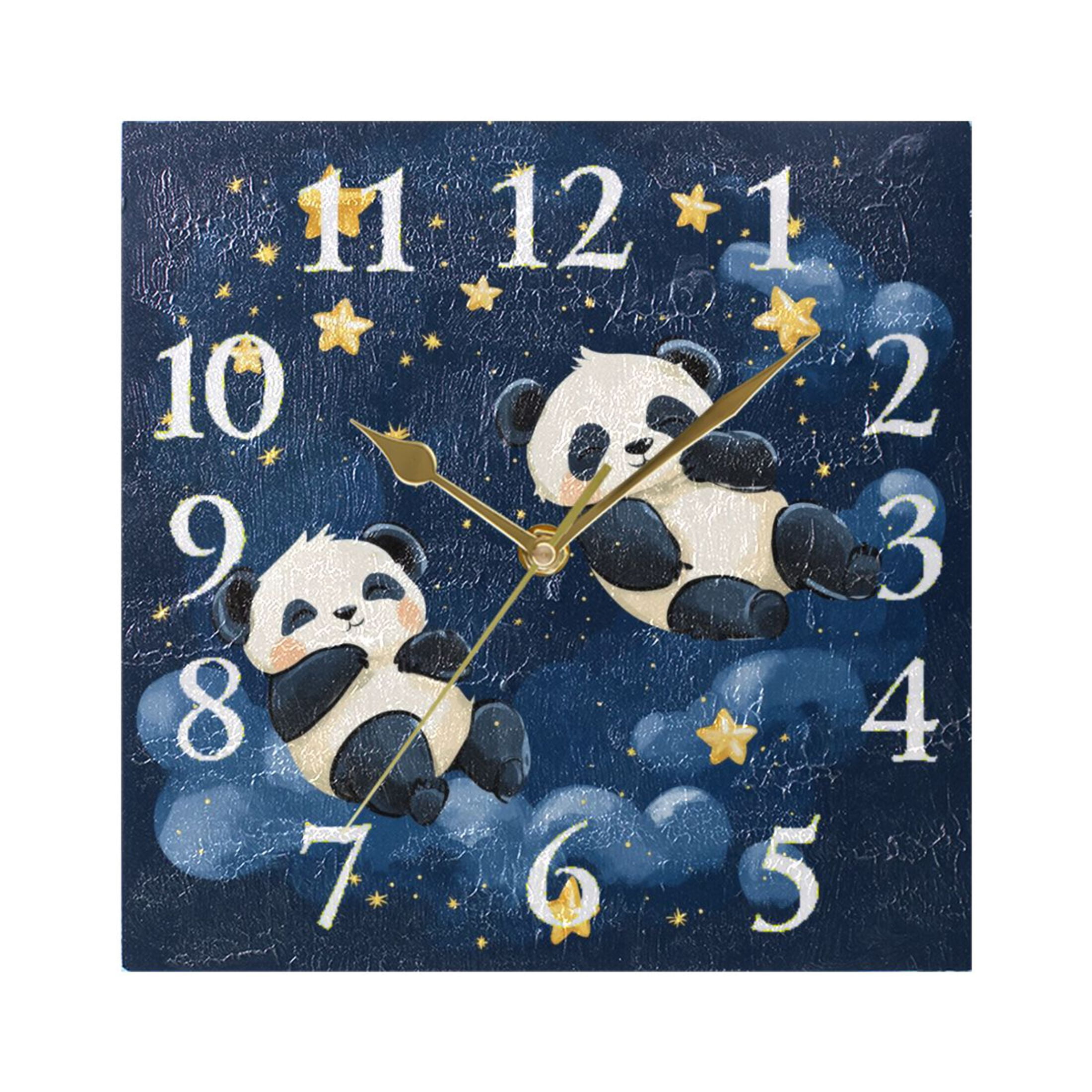 Pandas Sleeping on Clouds Stars Cartoon Square Wall Clock Battery ...