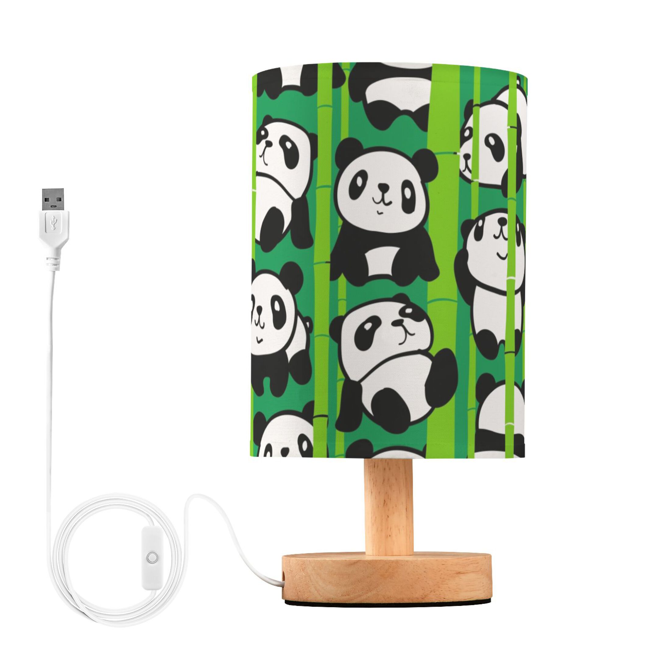 Pandas in Bamboo Green Bedside Table Lamp LED Warm Lights with USB ...