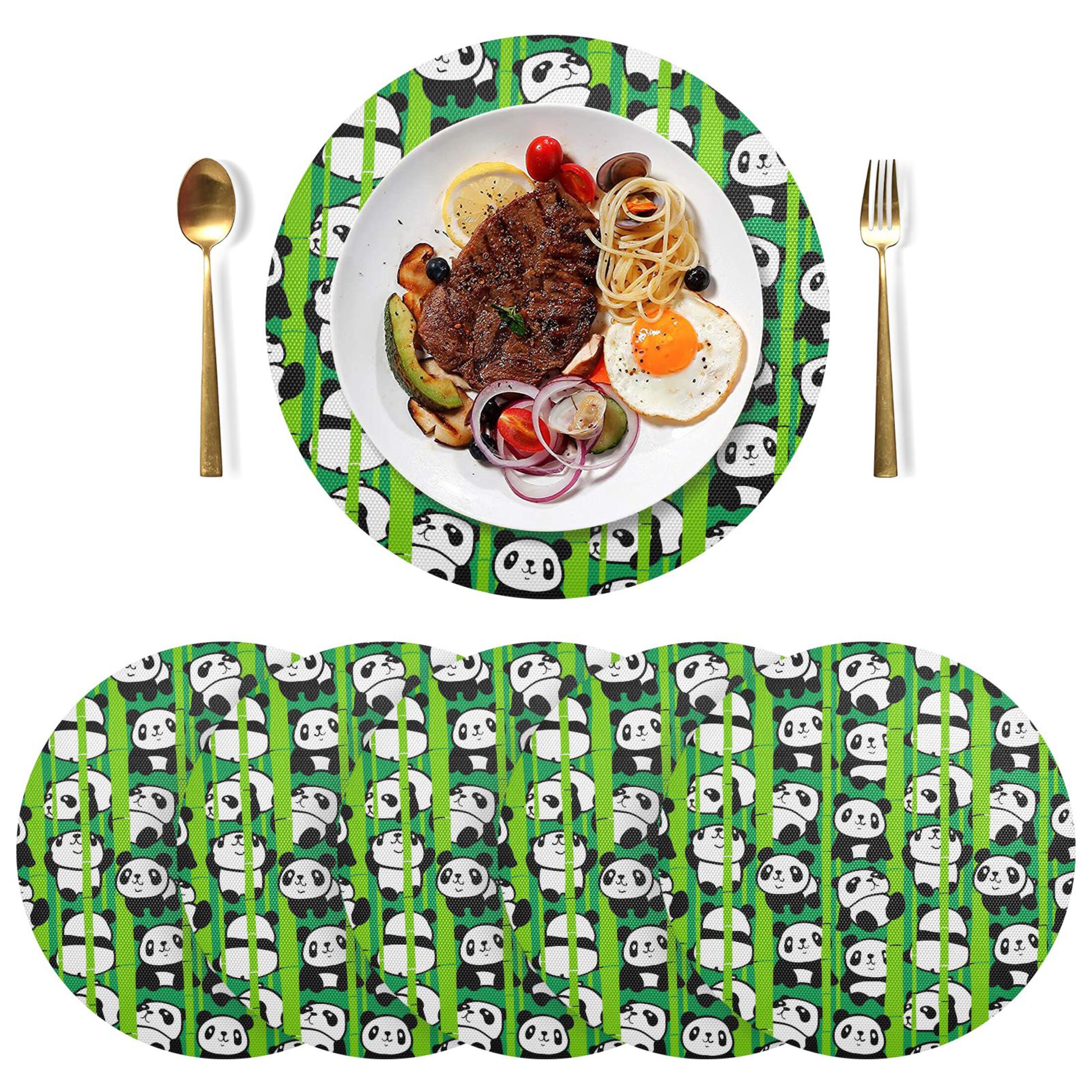 Pandas in Bamboo Green Round Plate Mats Non-Slip Place Mat Washable PVC ...
