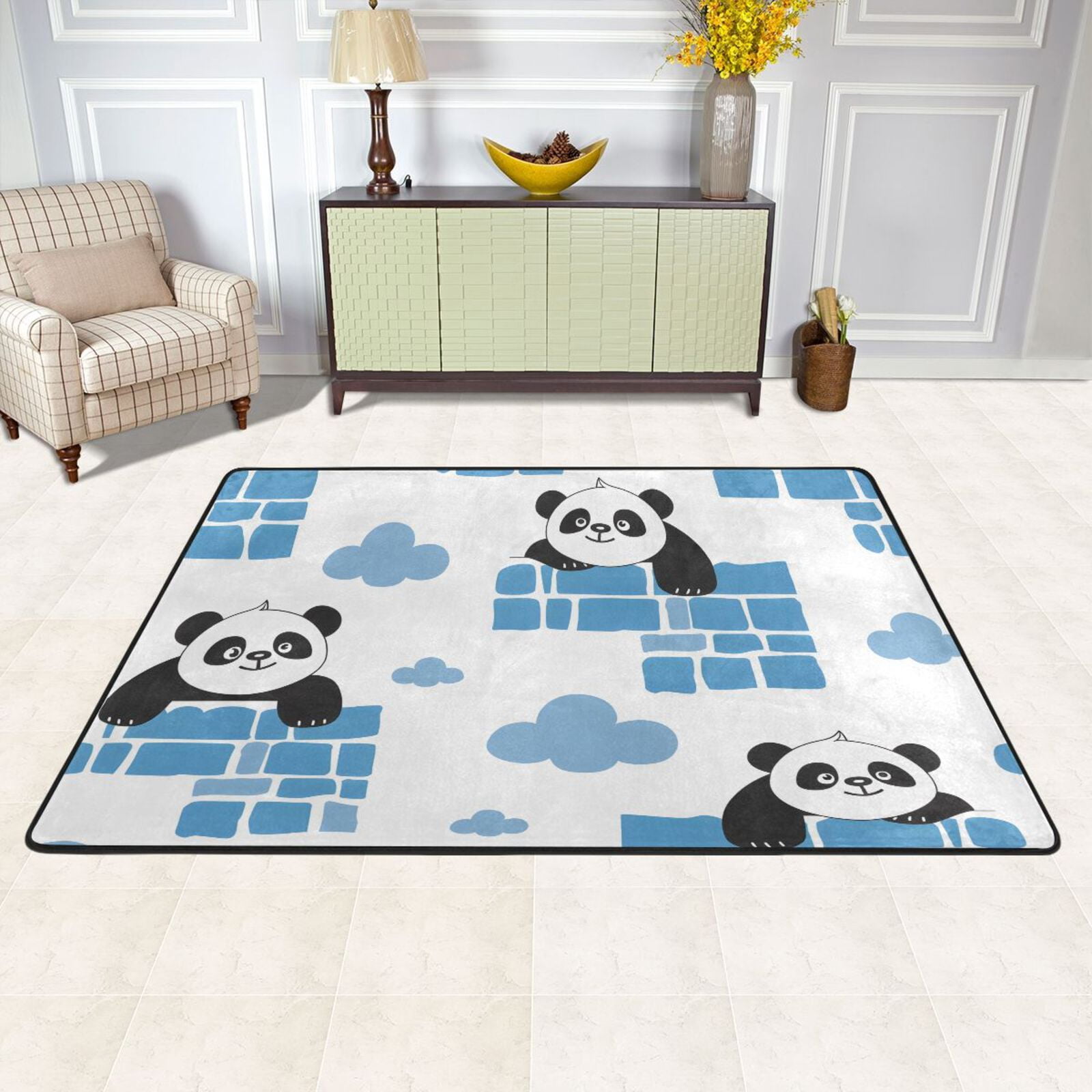 Pandas in Walls Clouds Area Rug Washable 72 x 48 Floor Carpet Mat Non ...