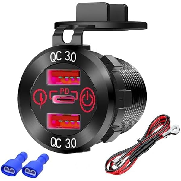 Panel Mount PD USB Car Charger Socket with Fuse Wiring, 65W Lighted ...