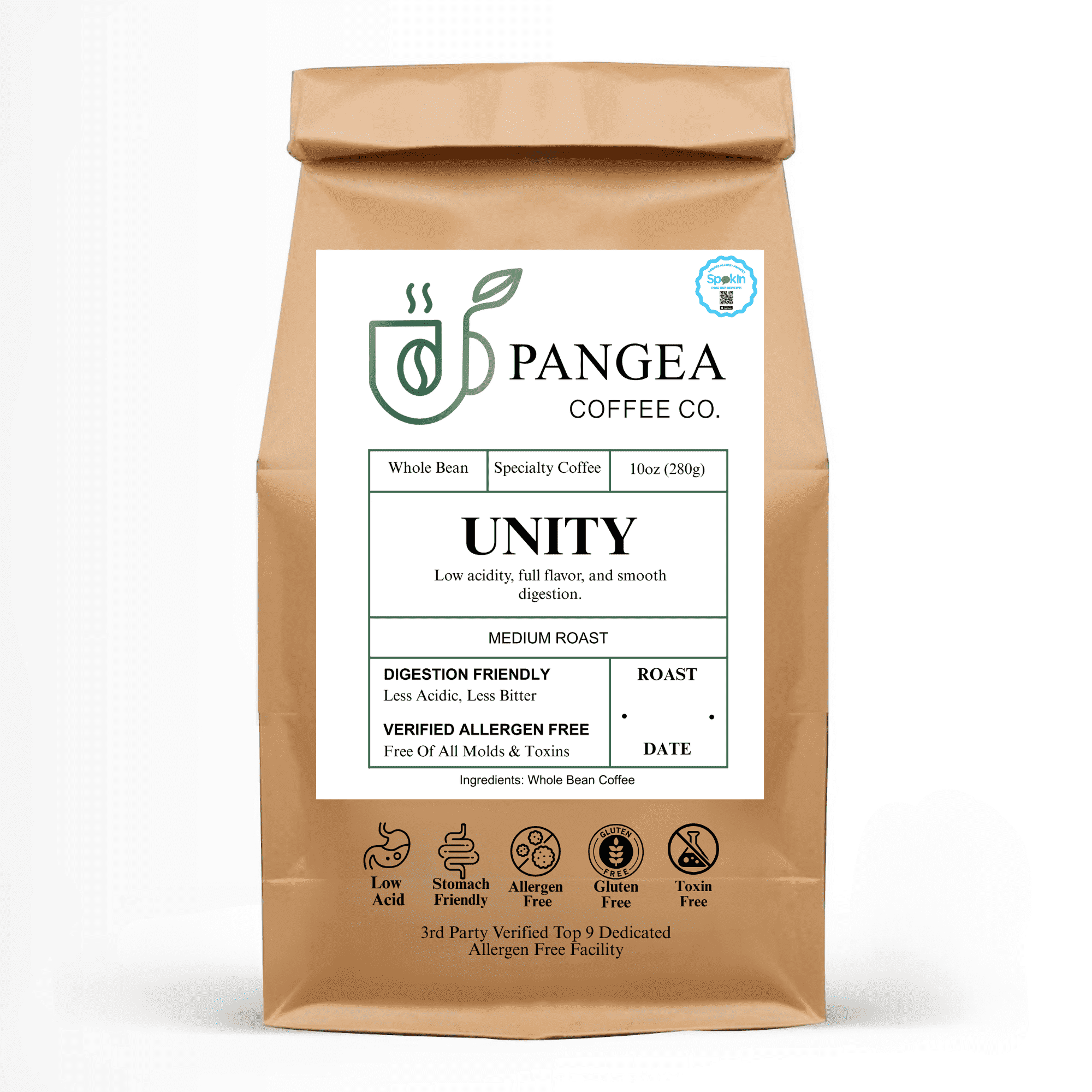 Pangea Coffee Co. Unity Low Acid Organic Arabica Whole Bean Medium ...