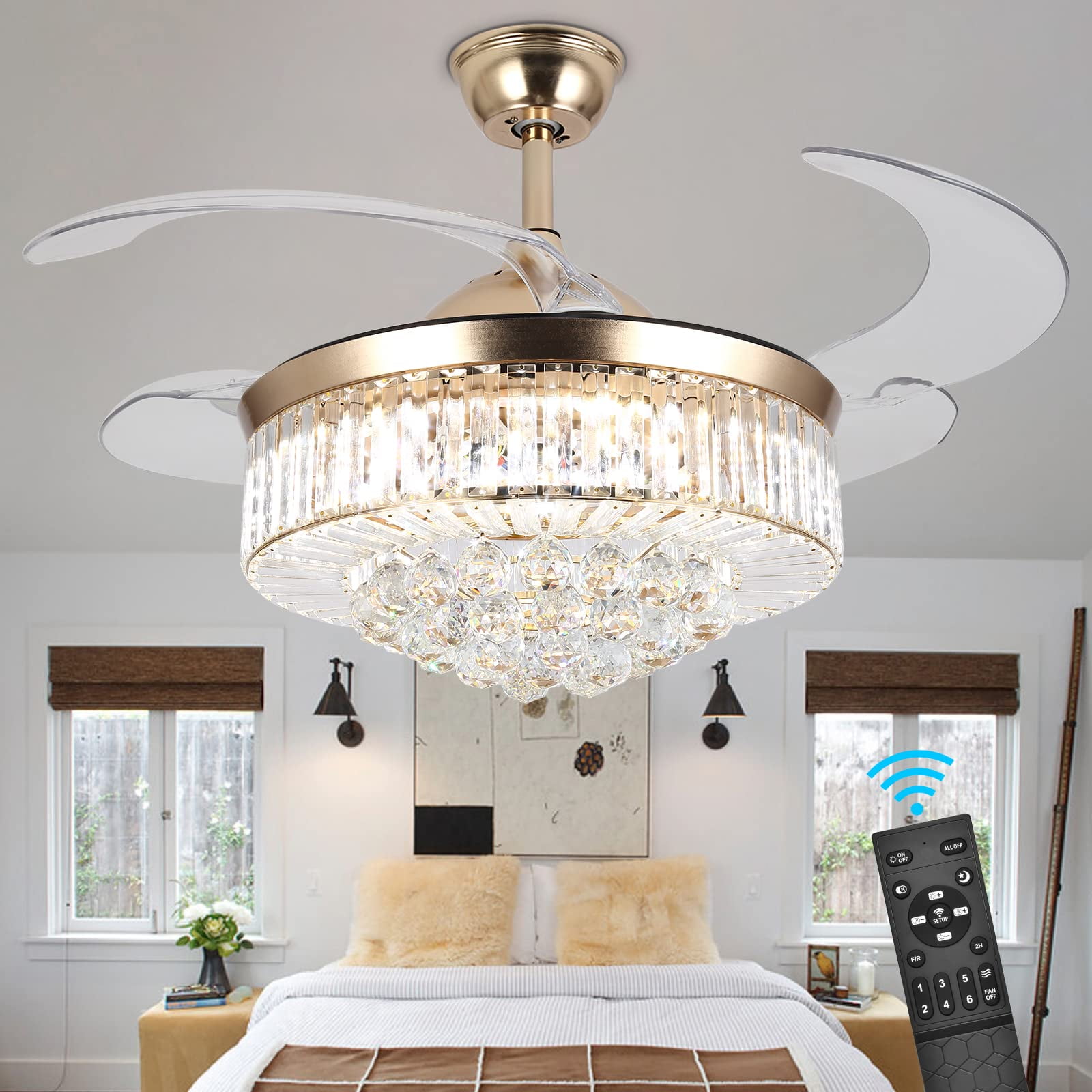 Panghuhu88 36" Invisible Ceiling Fan Chandelier Light,Modern Crystal ...