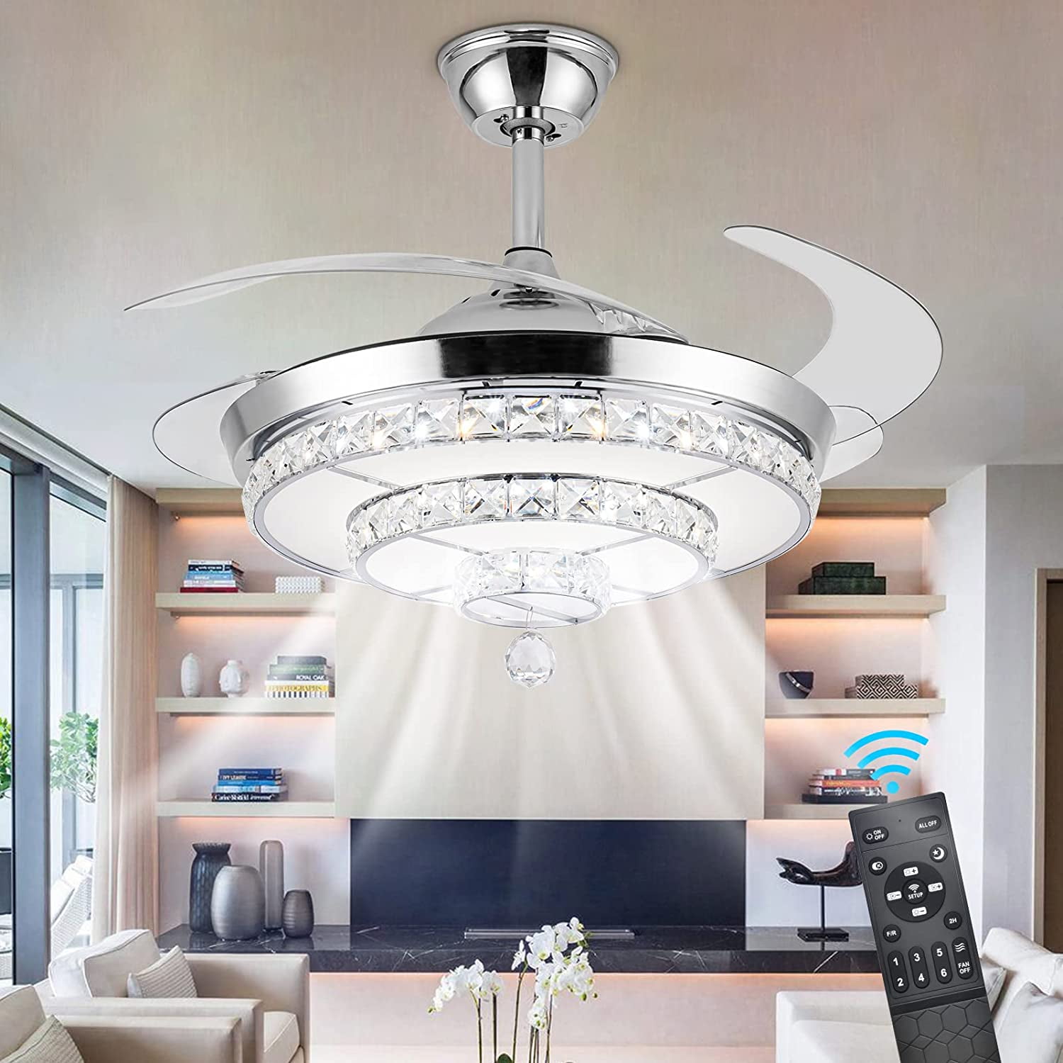 Panghuhu88 42" Fandelier Invisible Ceiling Fan Chandelier with Light ...