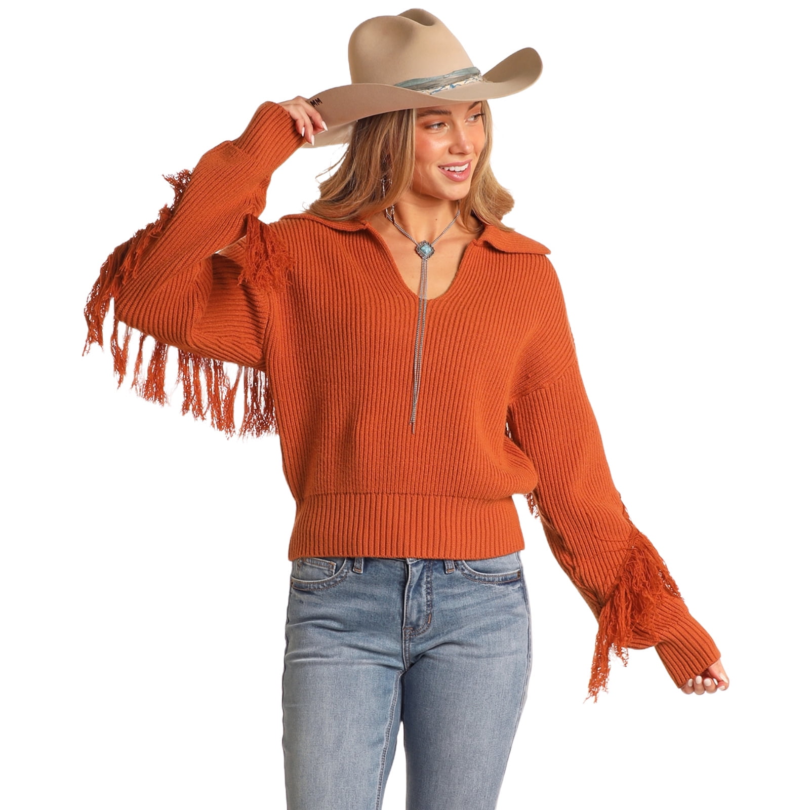 Panhandle Ladies Rust Sweater With Fringe BW32T0528 - Walmart.com