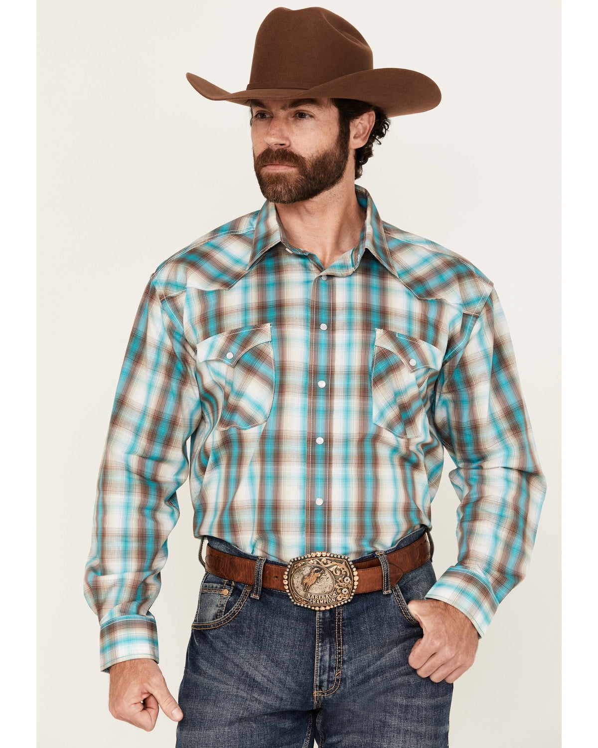 Panhandle Men's Boot Barn Plaid Print Long Sleeve Snap Stretch Western ...