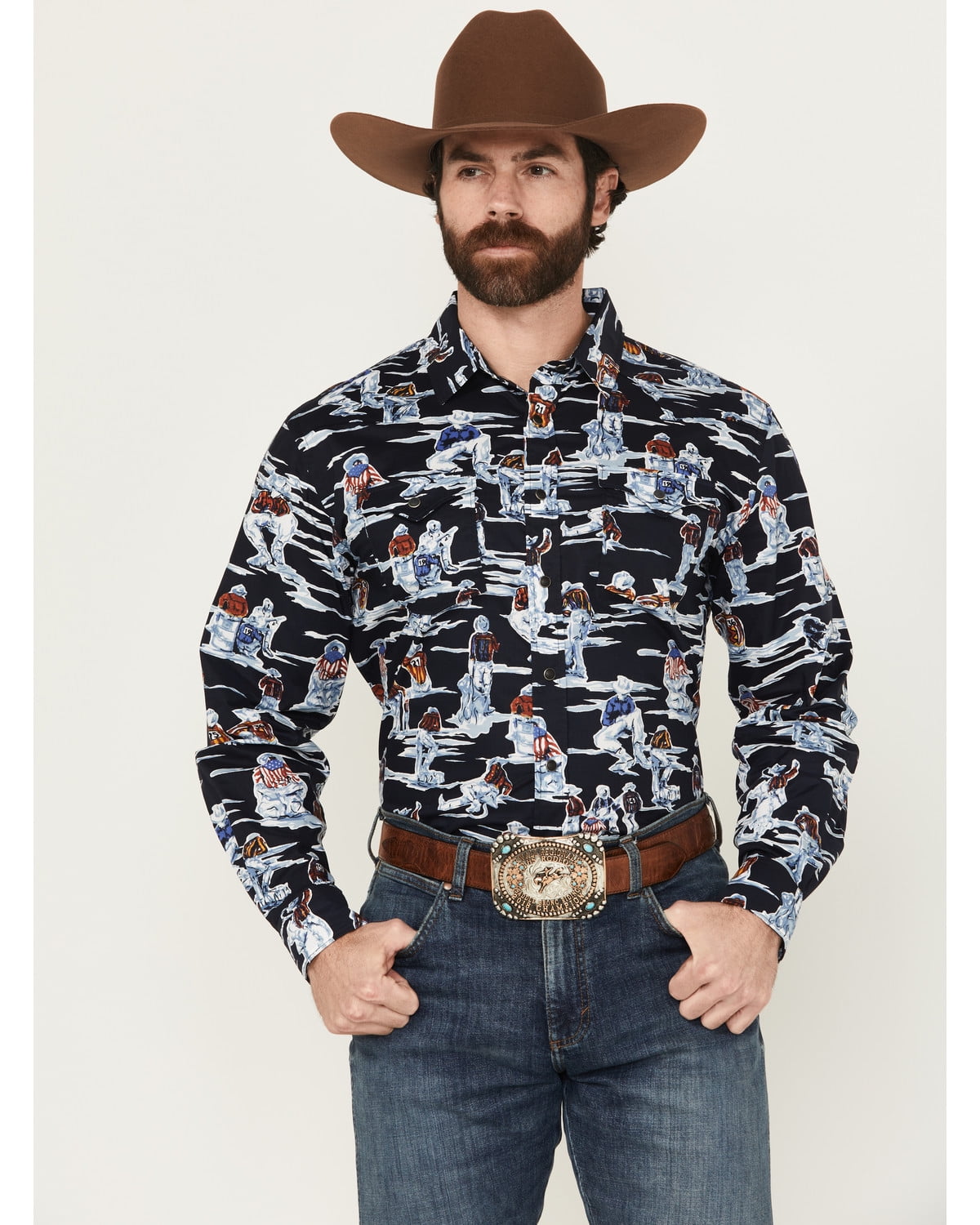 Panhandle Men's Vintage Patriotic Cowboy Long Sleeve Snap Western Shirt ...