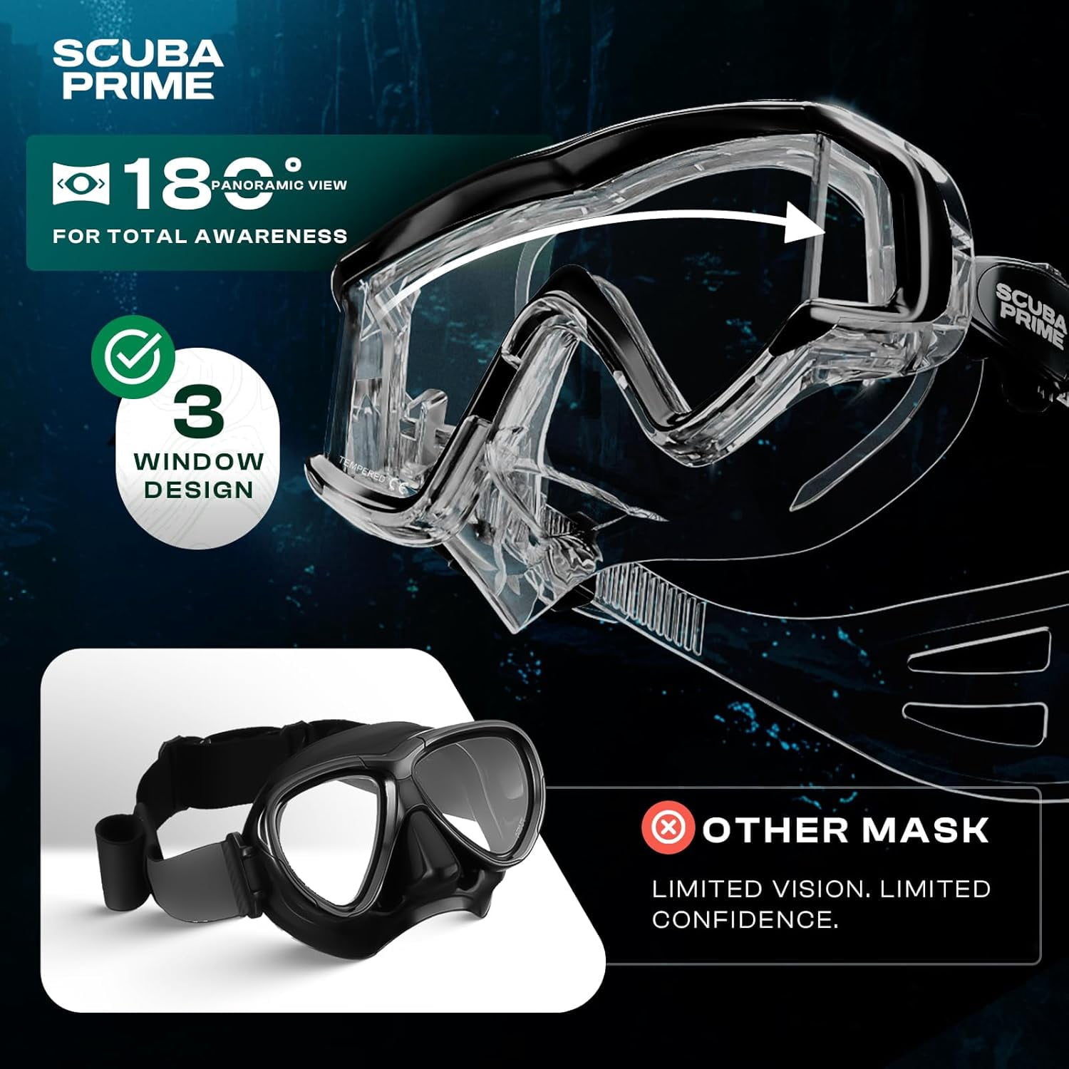 Pano 3 Scuba Diving Mask, Tempered Glass Snorkel Mask Three-Window ...