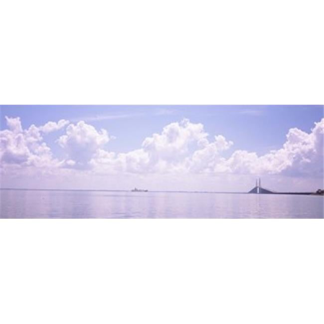 Panoramic Images Sea with a container ship and a suspension bridge in ...