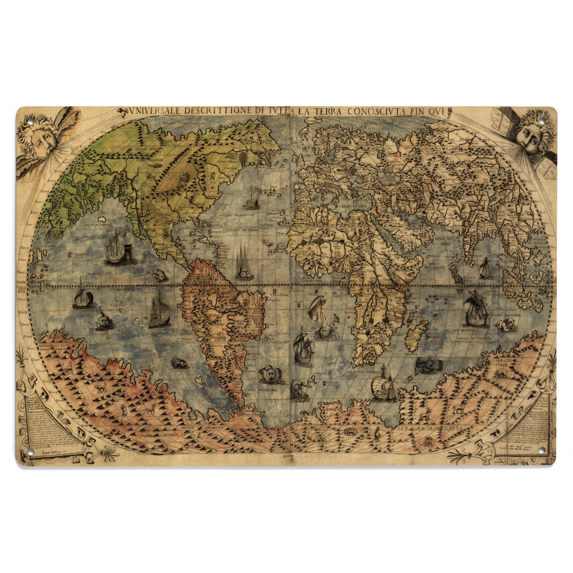 Panoramic Map of the World, 1565 Birch Wood Wall Sign (6x9 Rustic Home ...