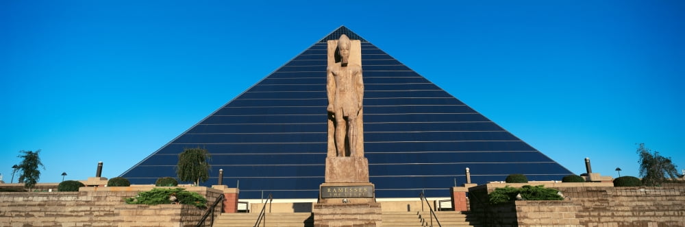 Panoramic view of statue of Ramses at entrance of Pyramid Sports Arena ...