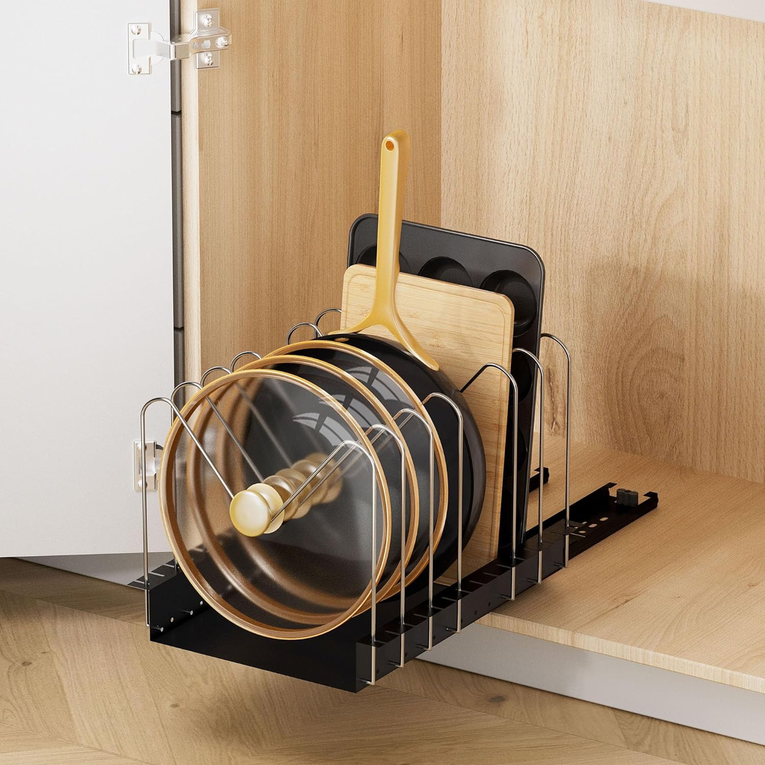 Pans Organizer for Cabinet - Sliding Lid Holder and Pan Rack in Kitchen ...